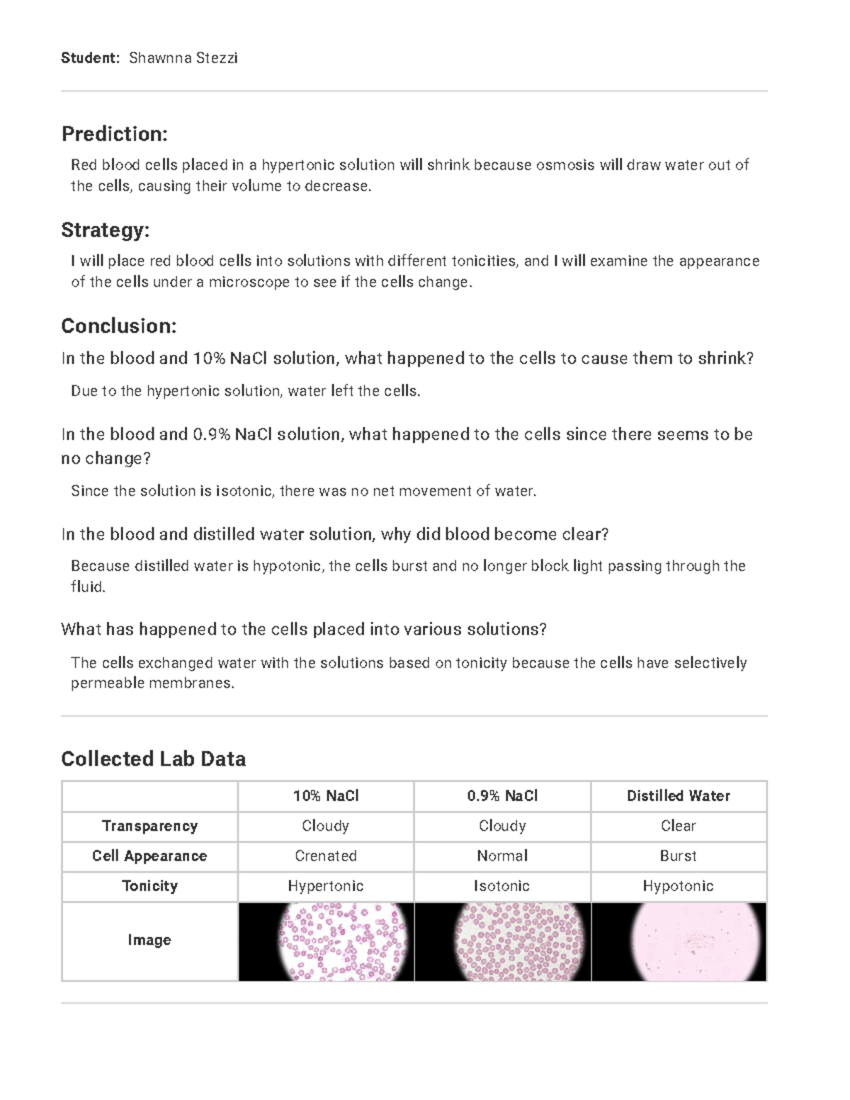 Osmosis and Tonicity Lab - Student: Shawnna Stezzi Prediction: Red ...