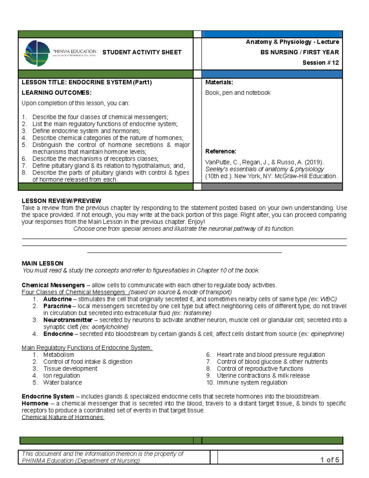 Anatomy and Physiology Lecture Session #12 - SAS - STUDENT ACTIVITY ...