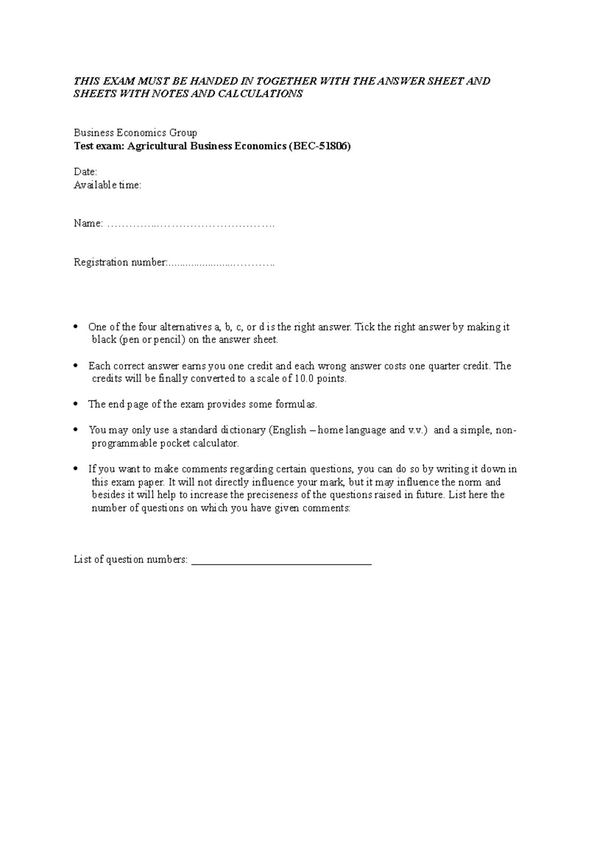 BEC Test exam - Example exam - THIS EXAM MUST BE HANDED IN TOGETHER ...