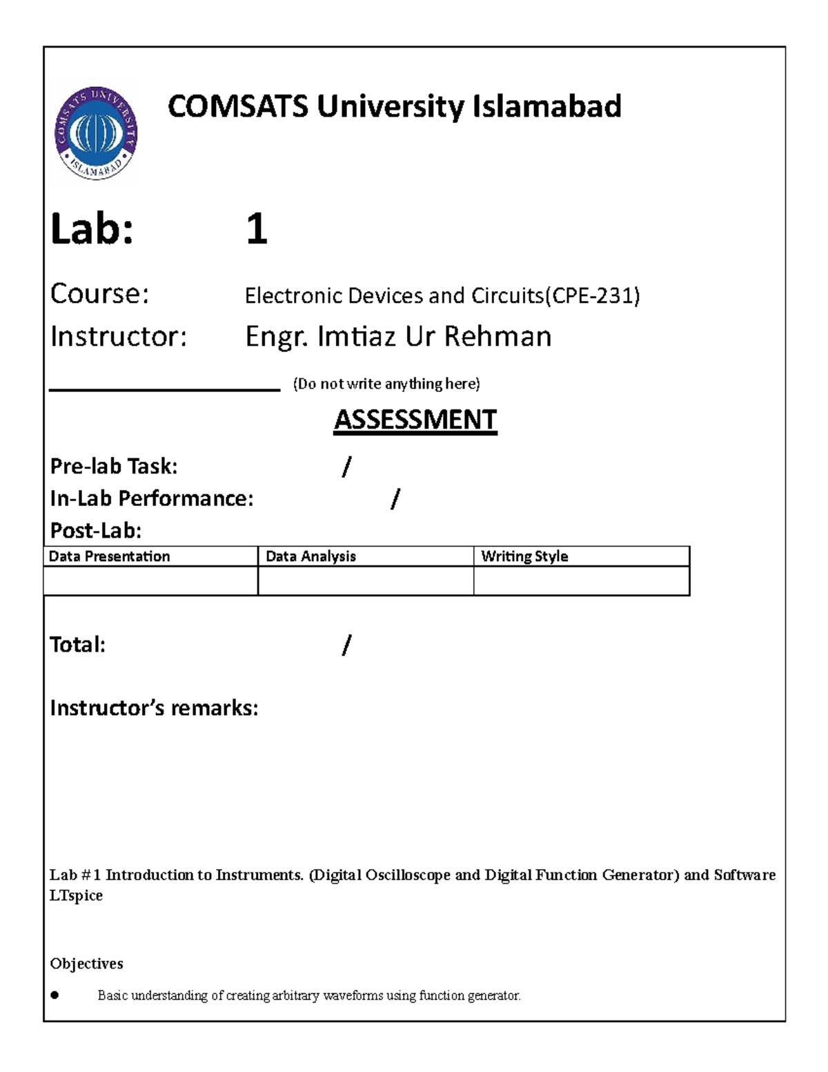 LAB 1 E1 IMTIAZ .DOCS - COMSATS University Islamabad Lab: 1 Course ...