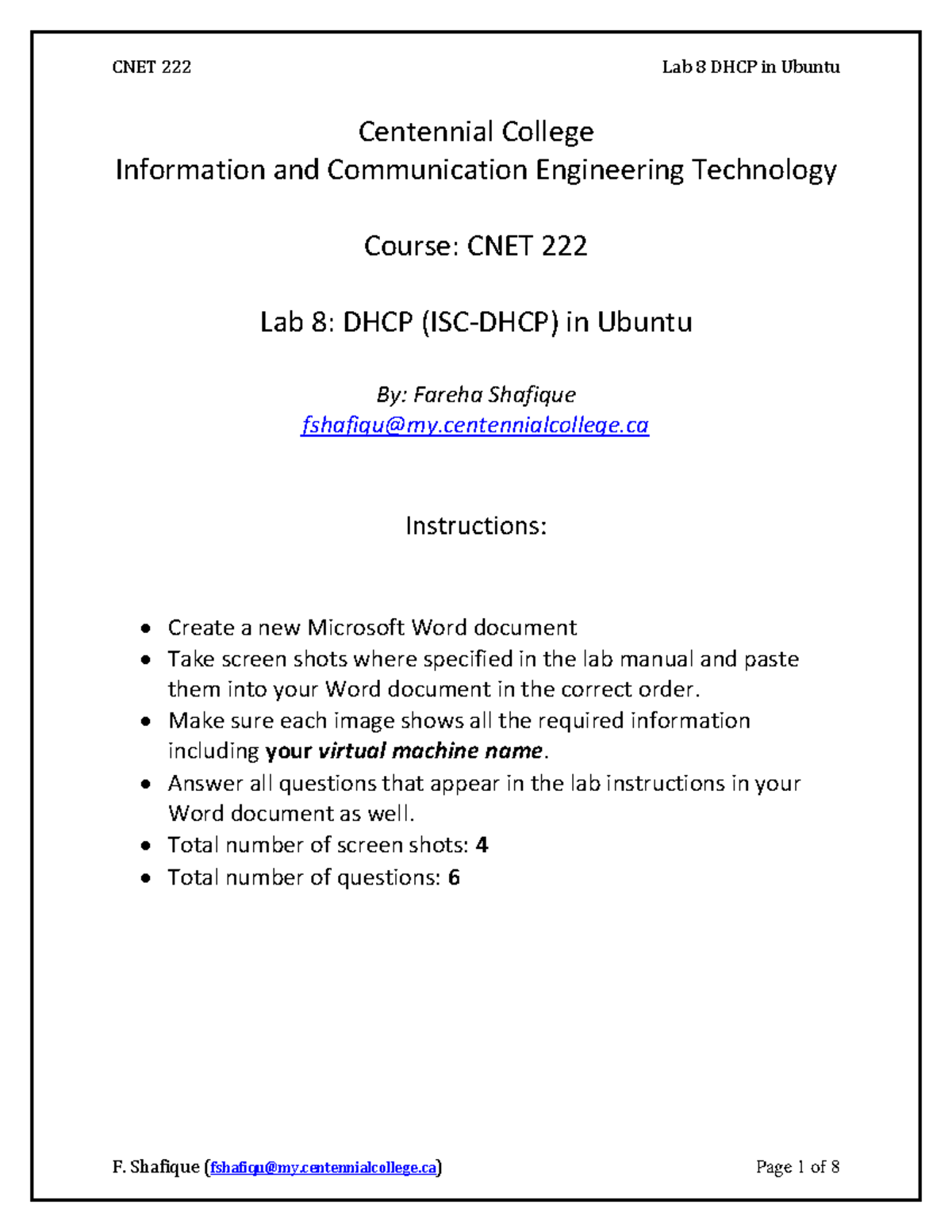 Lab08 - Ubuntu DHCP - net - Centennial College Information and Communication Engineering ...