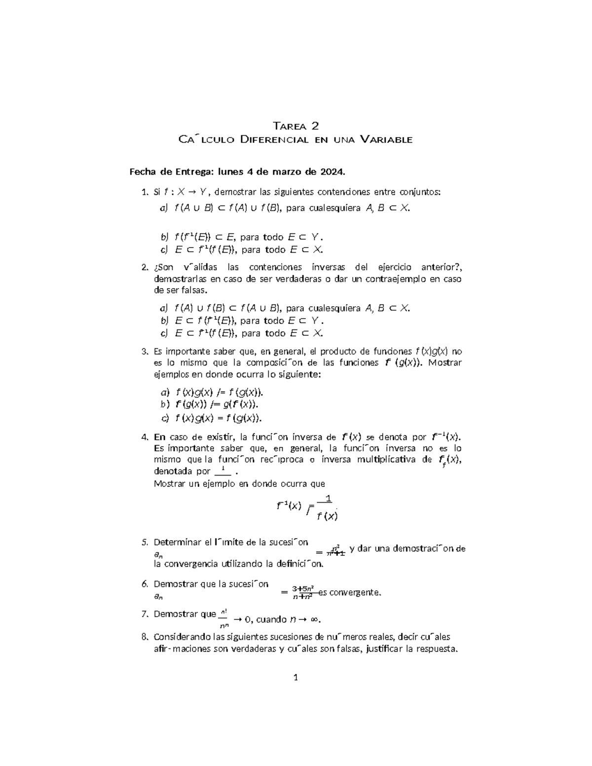 Tarea 2 - calculo diferencial - 1 f (x) / nn T AREA 2 C A ́ LCULO D IFERENCIAL EN UNA VARIABLE ...