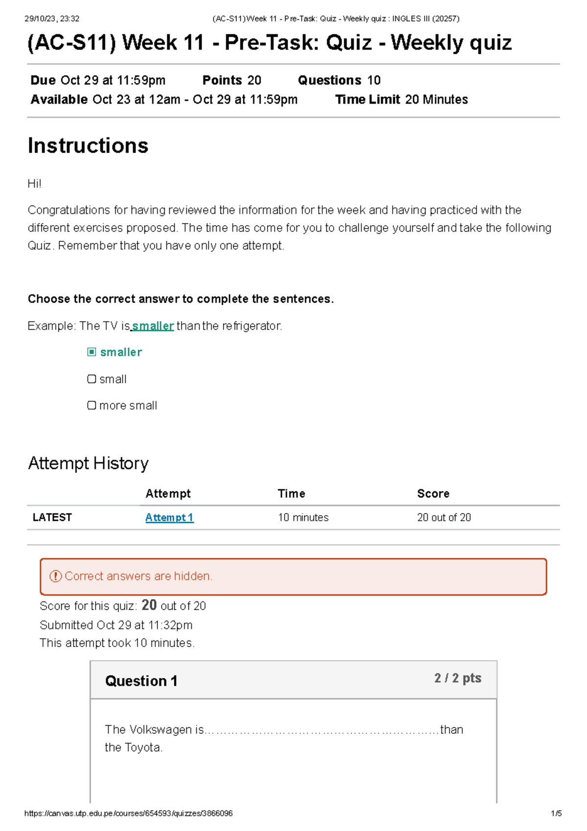 (AC-S11) Week 11 - Pre-Task: Quiz - Weekly quiz - Score for this quiz: 20 out of 20 Submitted ...