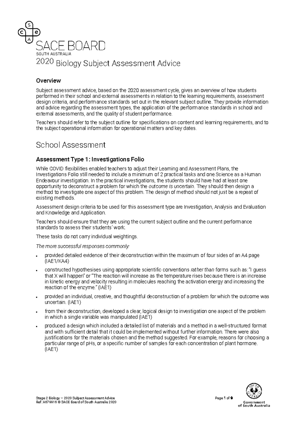 2020 Biology Subject Assessment Advice - 2020 Biology Subject ...