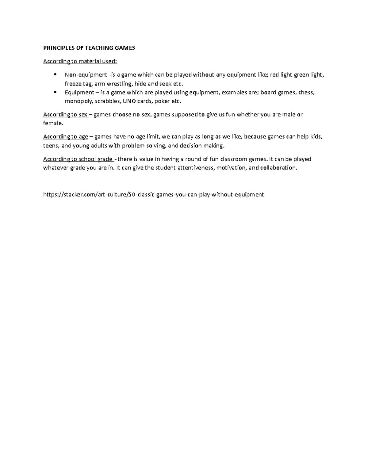 Principles OF Teaching Games - PRINCIPLES OF TEACHING GAMES According ...