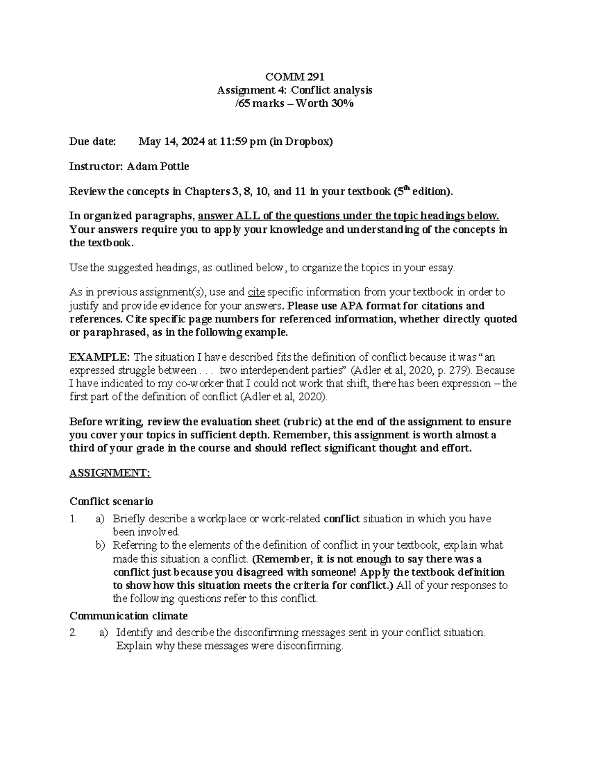 COMM 291 Assignment 4 - Conflict Analysis (HRM) - COMM 291 Assignment 4 ...