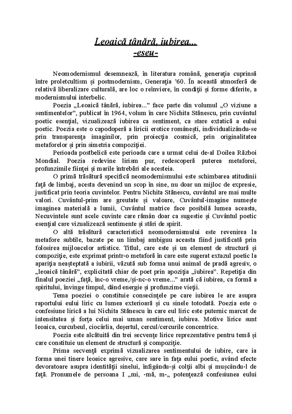 'Leoaică tânără, iubirea - Leoaică tânără, iubirea... -eseu ...