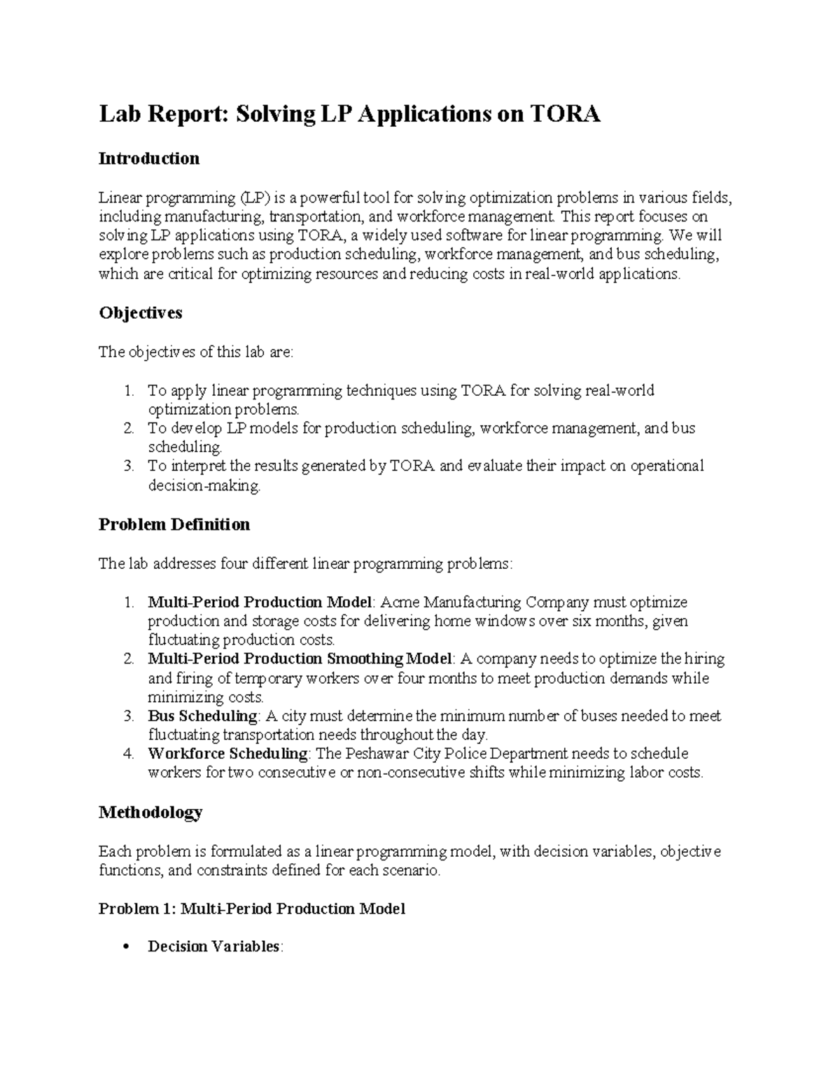 Assignment no 2 - NOTHING - Lab Report: Solving LP Applications on TORA Introduction Linear ...