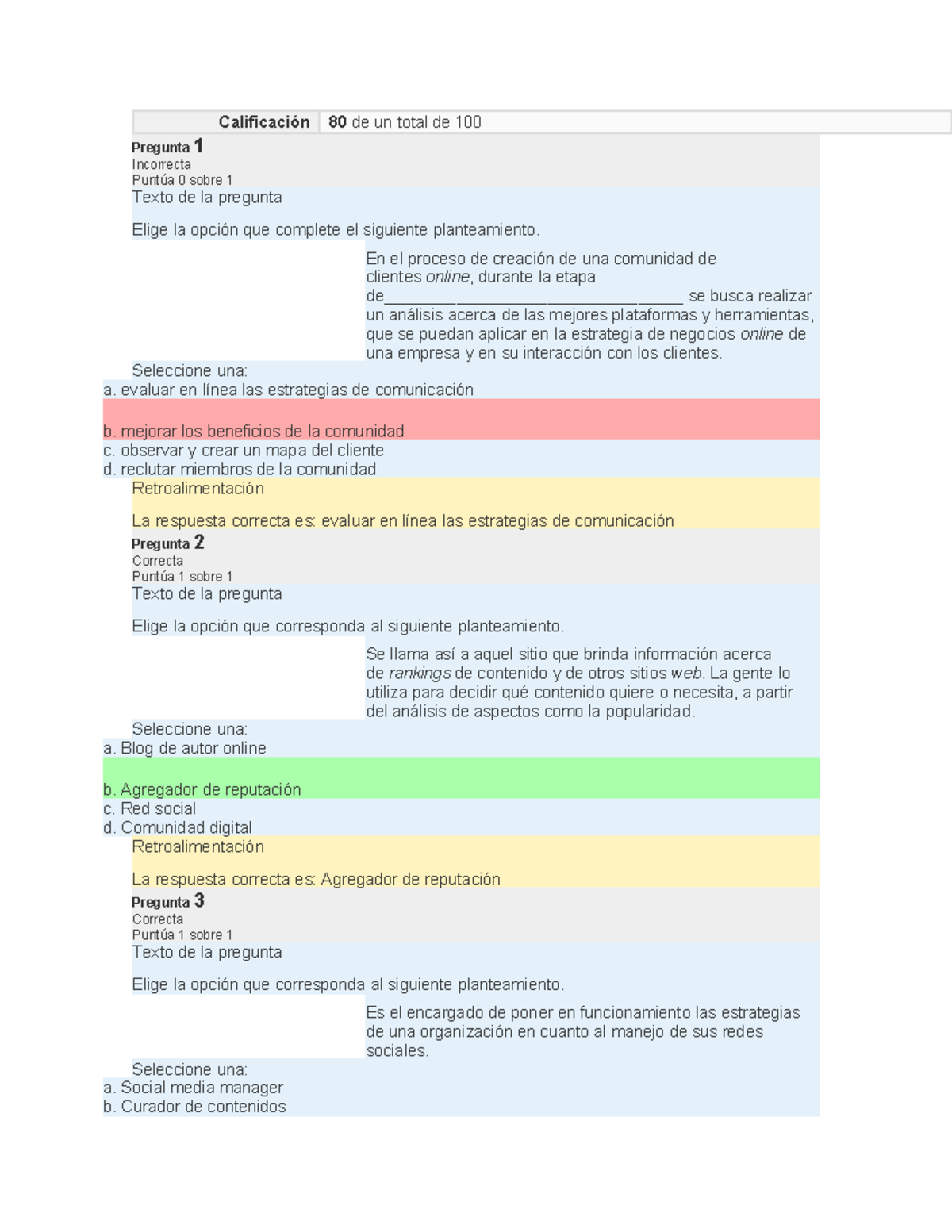 EA5. Examen Comunidades online - Calificación 80 de un total de 100 Pregunta 1 Incorrecta Puntúa ...