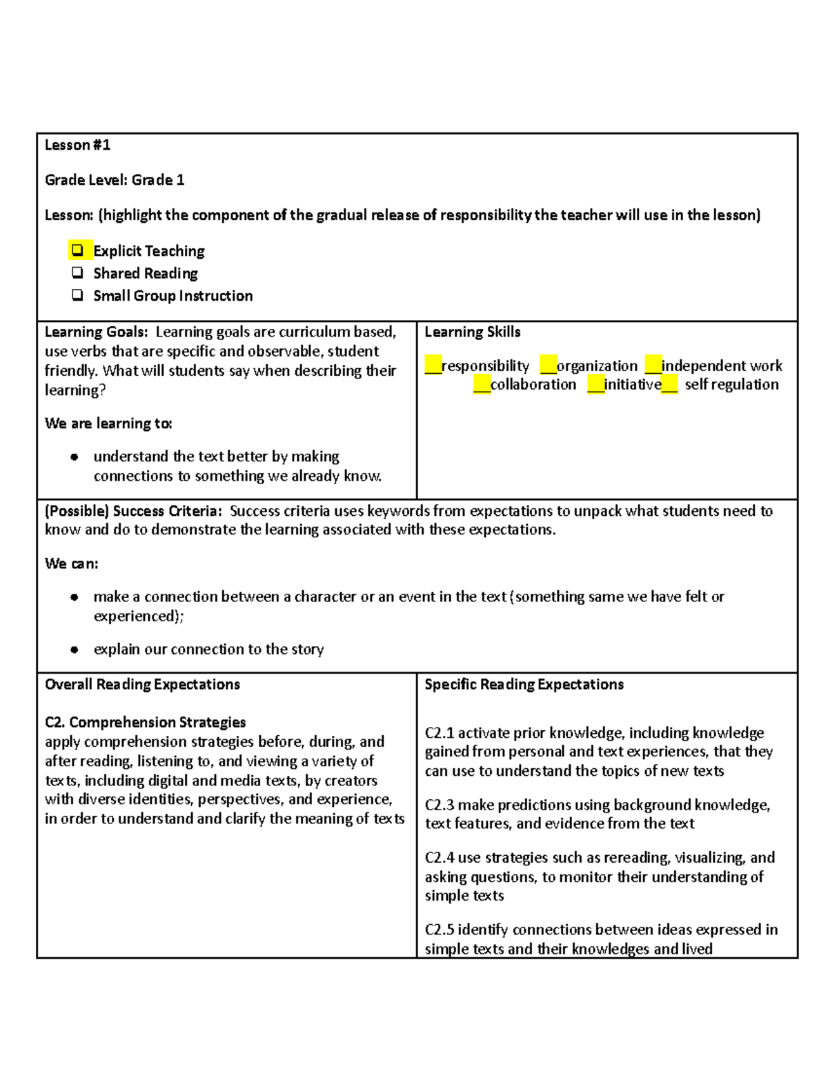 Text to Self Connections Lesson Plan - Lesson # Grade Level: Grade 1 ...