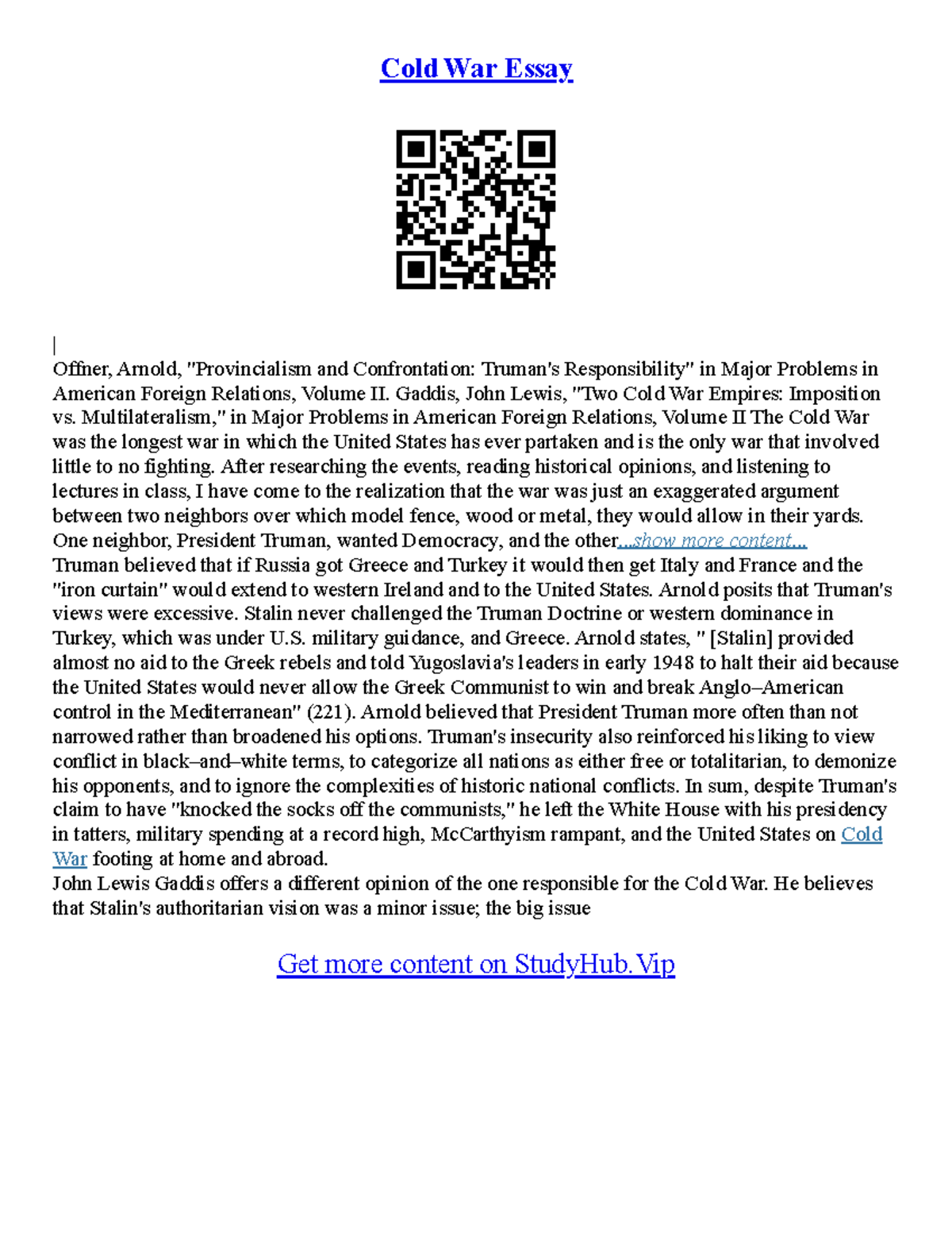 Was The Cold War Inevitable Essay - Cold War Essay | Offner, Arnold ...