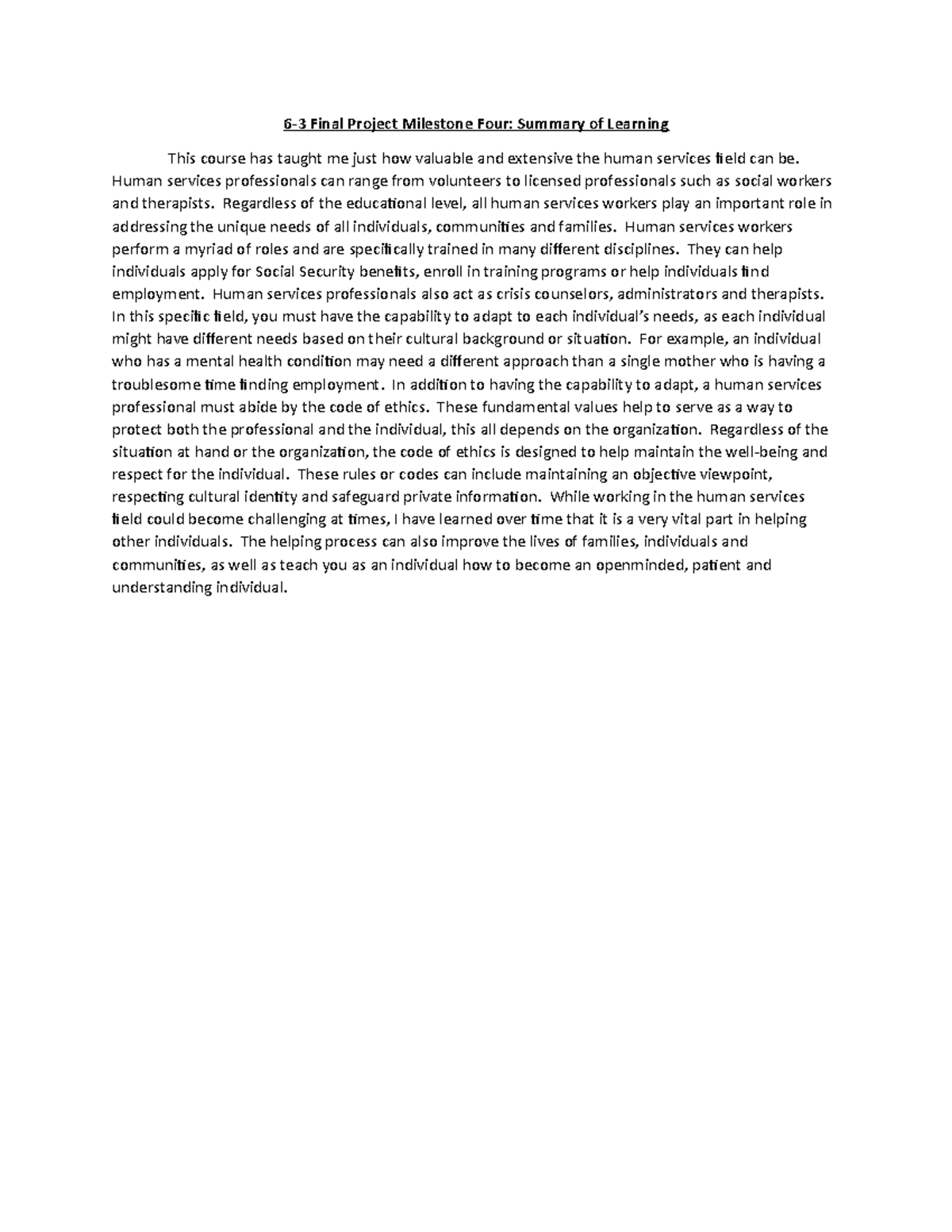 Hse 101 6 3 Final Project Milestone Four Summary Of Learning 6 3 Final Project Milestone Four