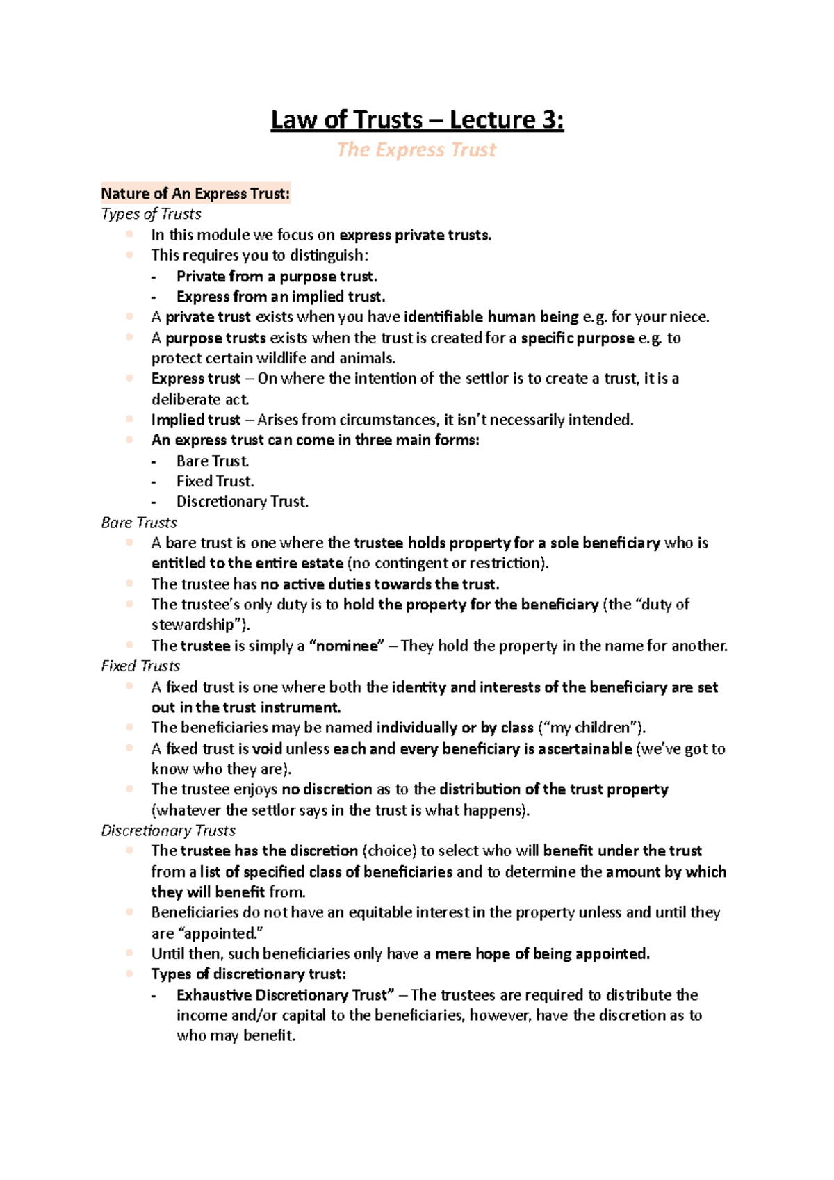 Lecture 3 - The Express Trust - Law of Trusts – Lecture 3: The Express Trust Nature of An ...