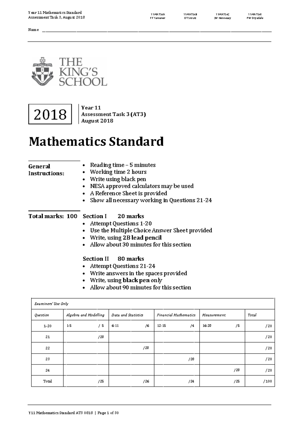 Kings 2018 Standard Maths Prelim Yearly & Solutions - Year 11 ...