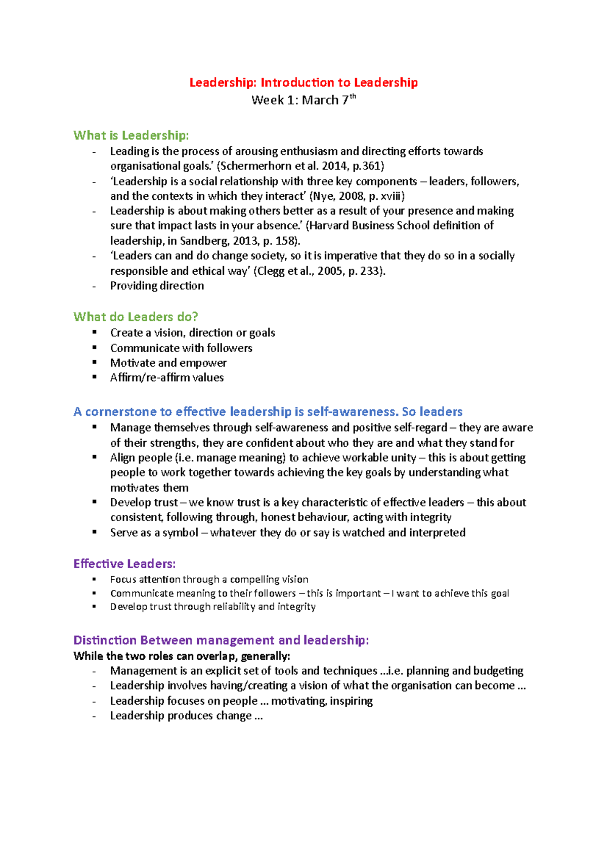 Week 1 - Intro - Leadership: Introduction to Leadership Week 1: March ...