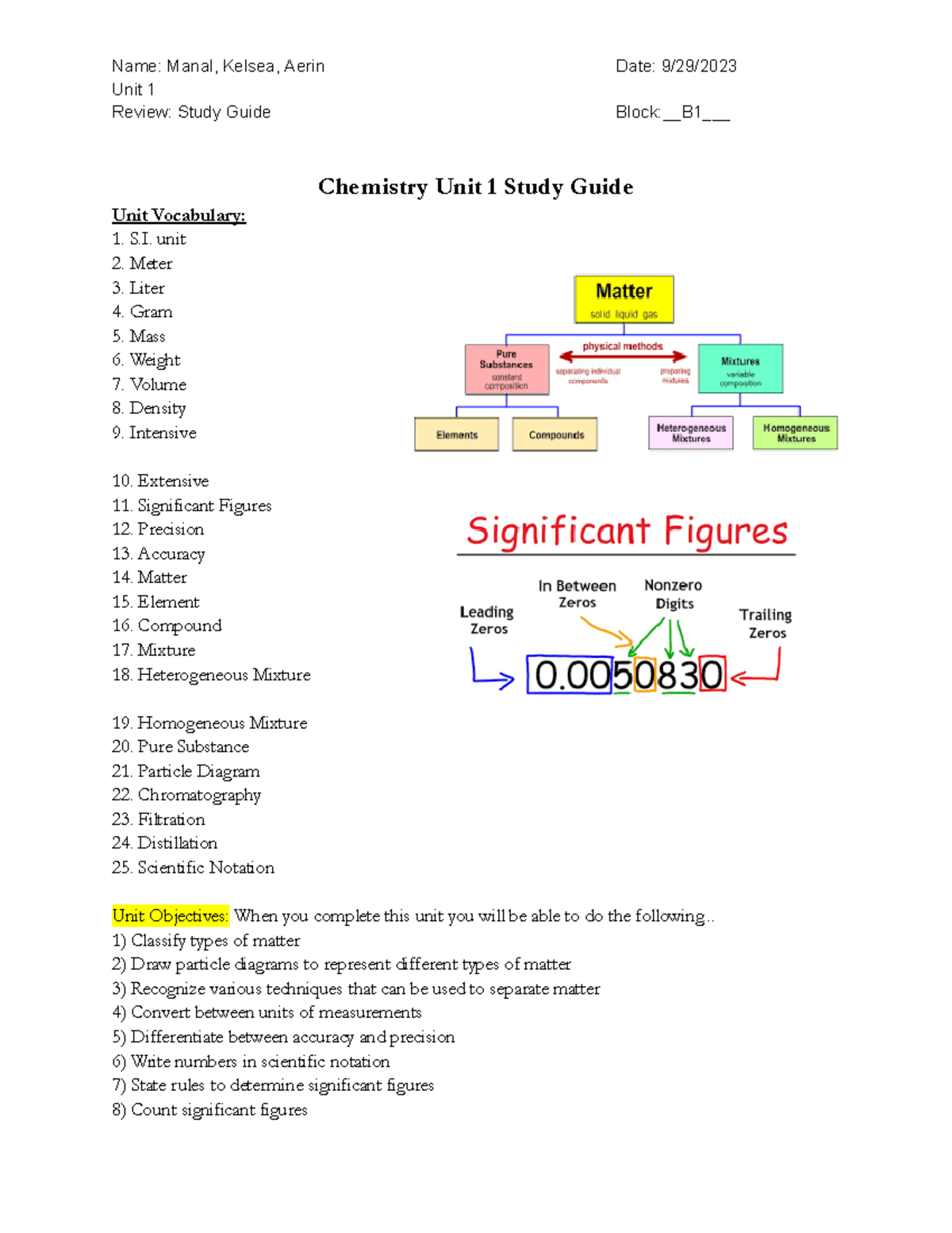 MK Chemistry Unit 1 Study Guide - Unit 1 Review: Study Guide Block:B1 ...
