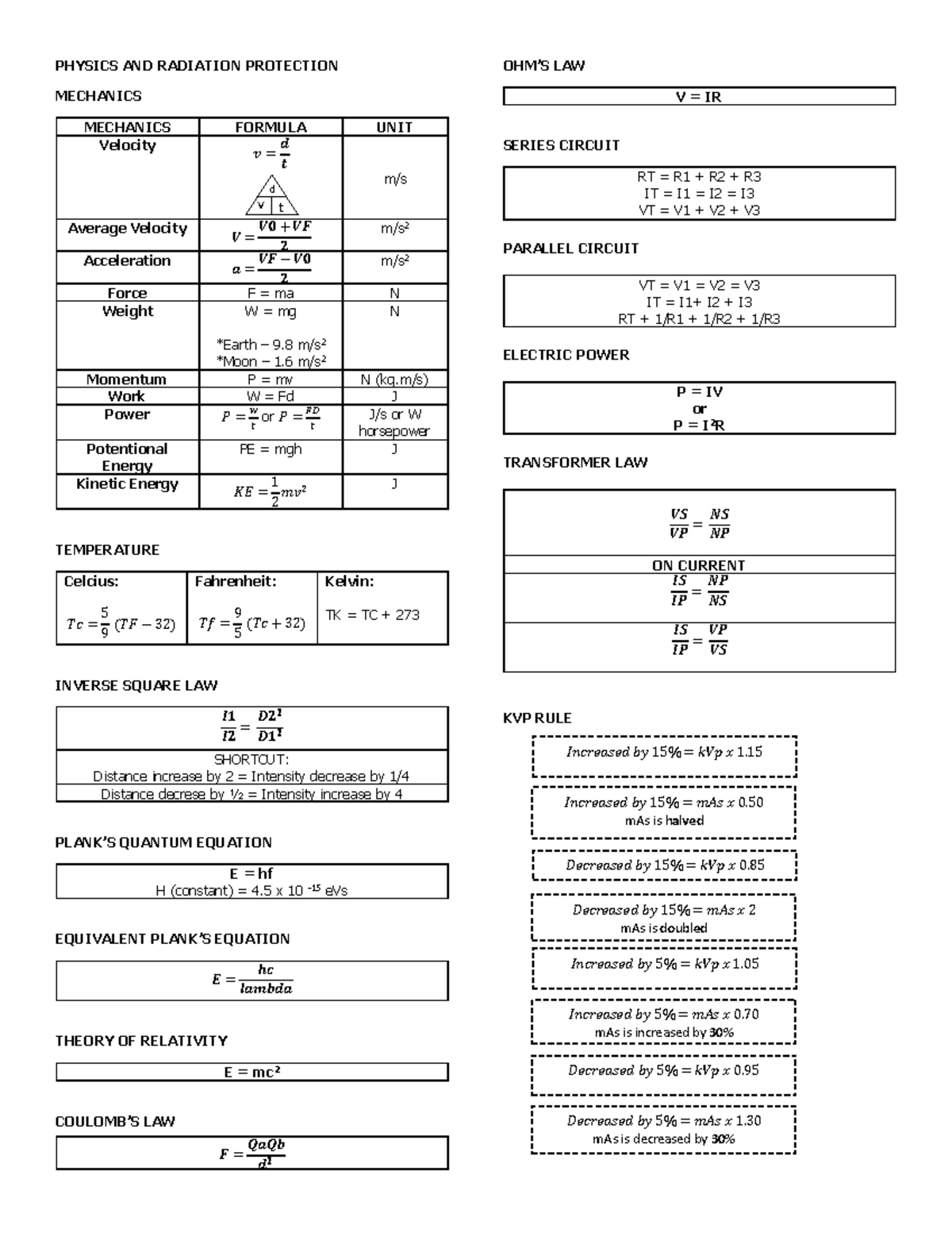 Physics Formulas - d v t PHYSICS AND RADIATION PROTECTION MECHANICS ...