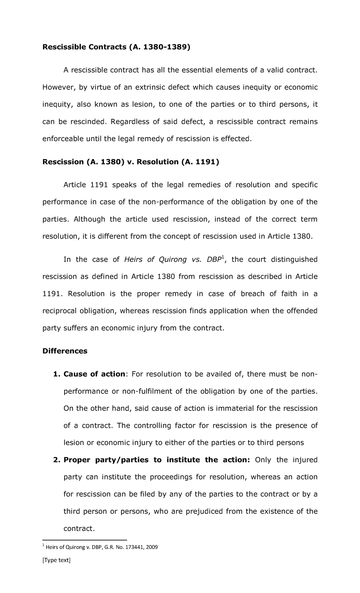 rescissible contracts notes - Business Law - Studocu