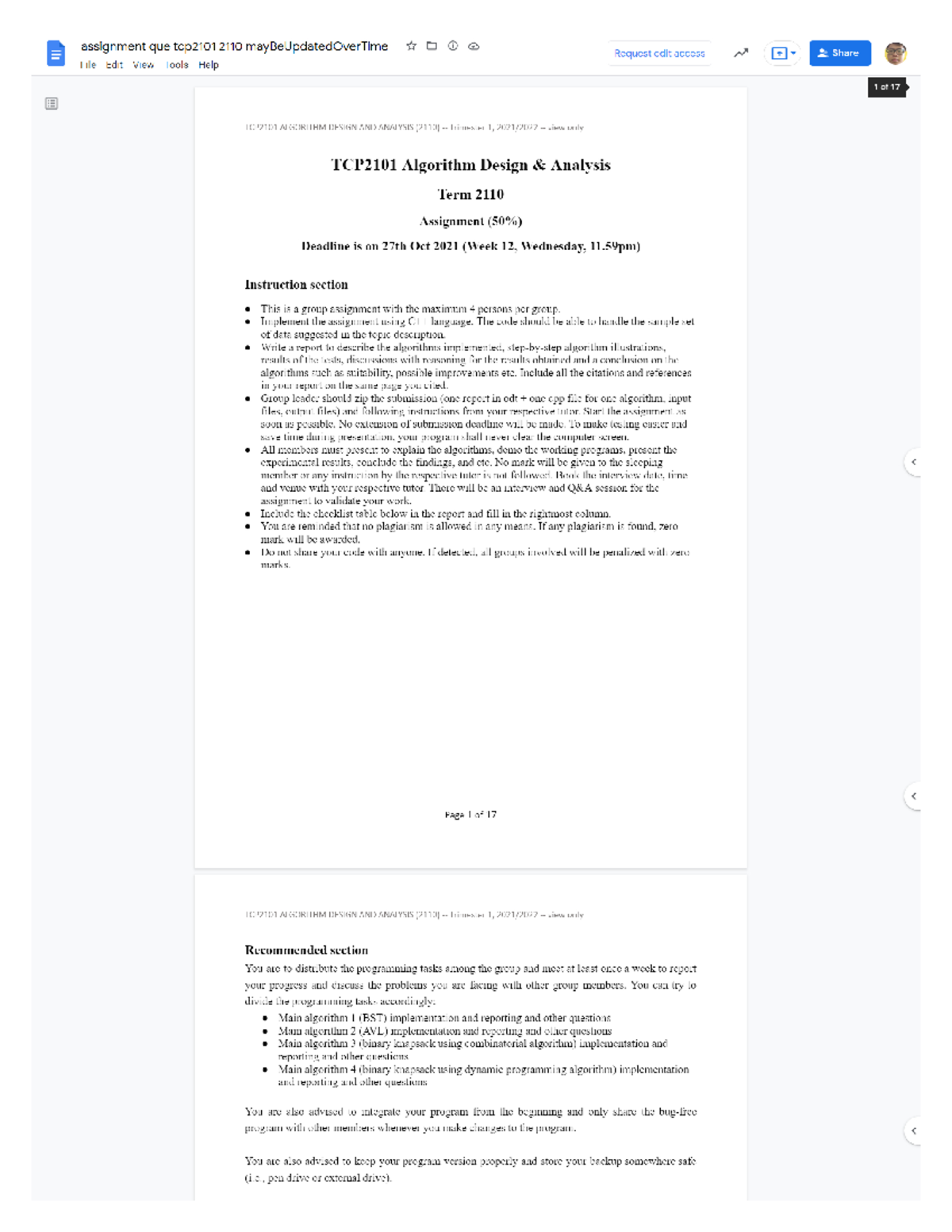 Assignment Checklist - Algorithm Analysis And Design - MMU - Studocu