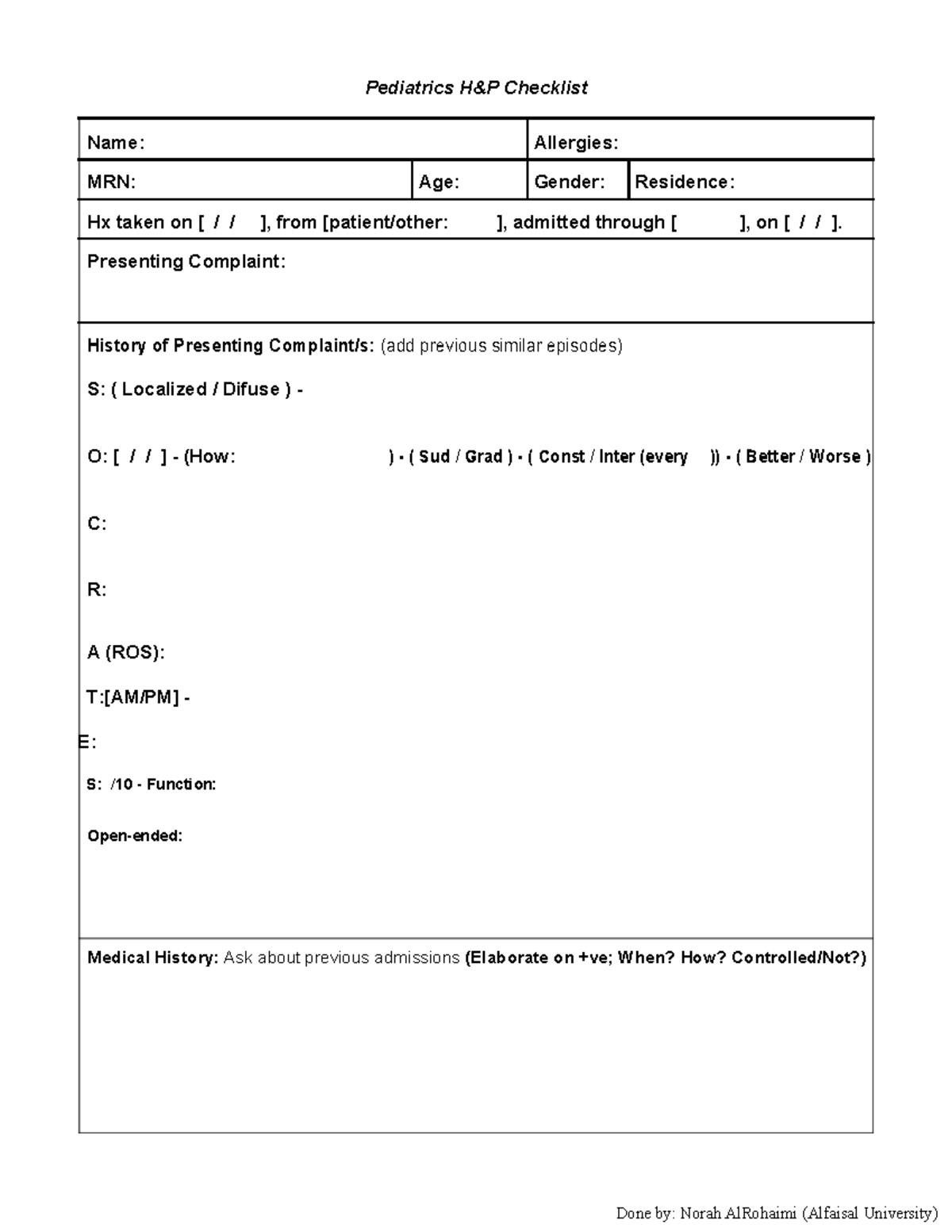 Anatomy MCS 200 - Pediatrics H&P Checklist Name: Allergies: MRN: Age ...