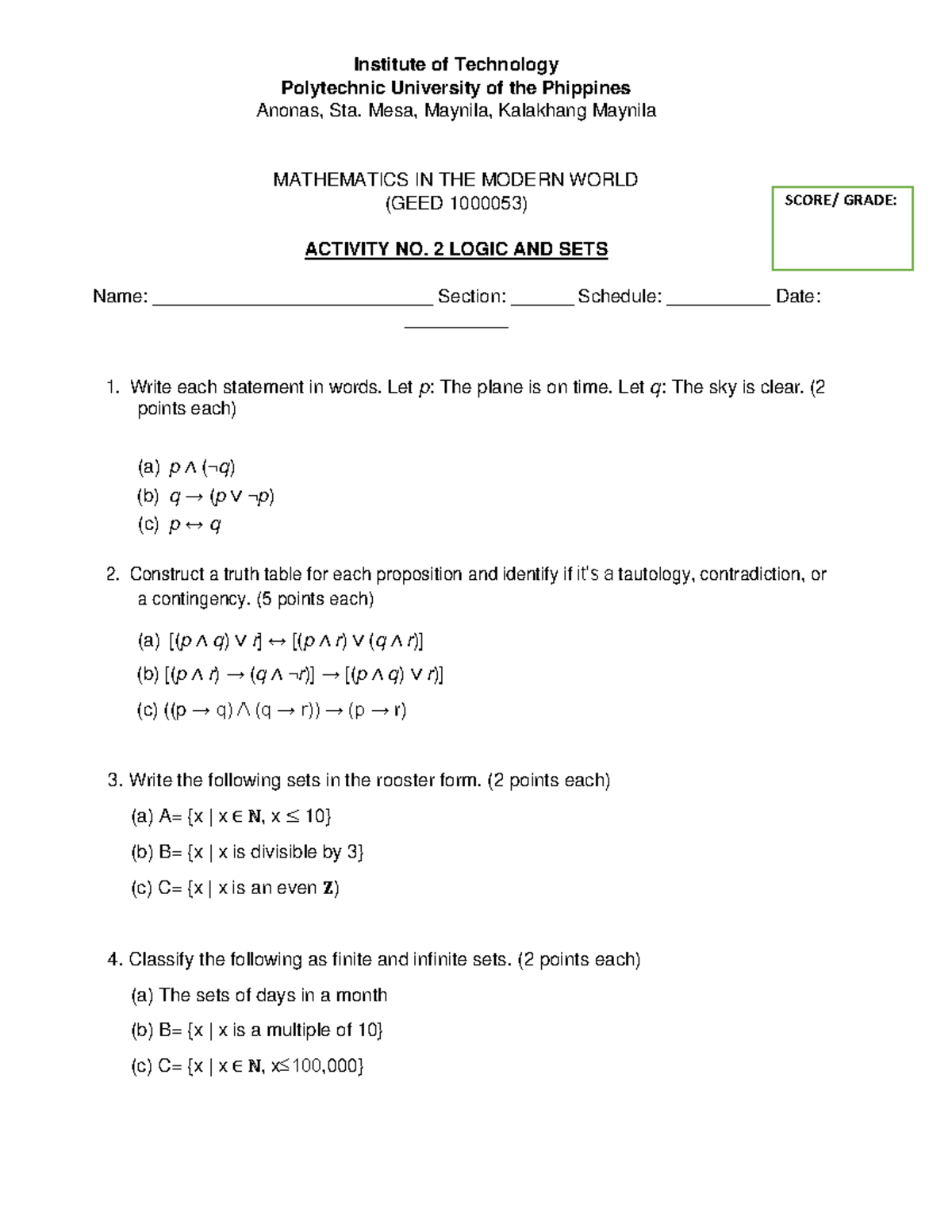 Activity 2 - Logic and Sets - Institute of Technology Polytechnic ...