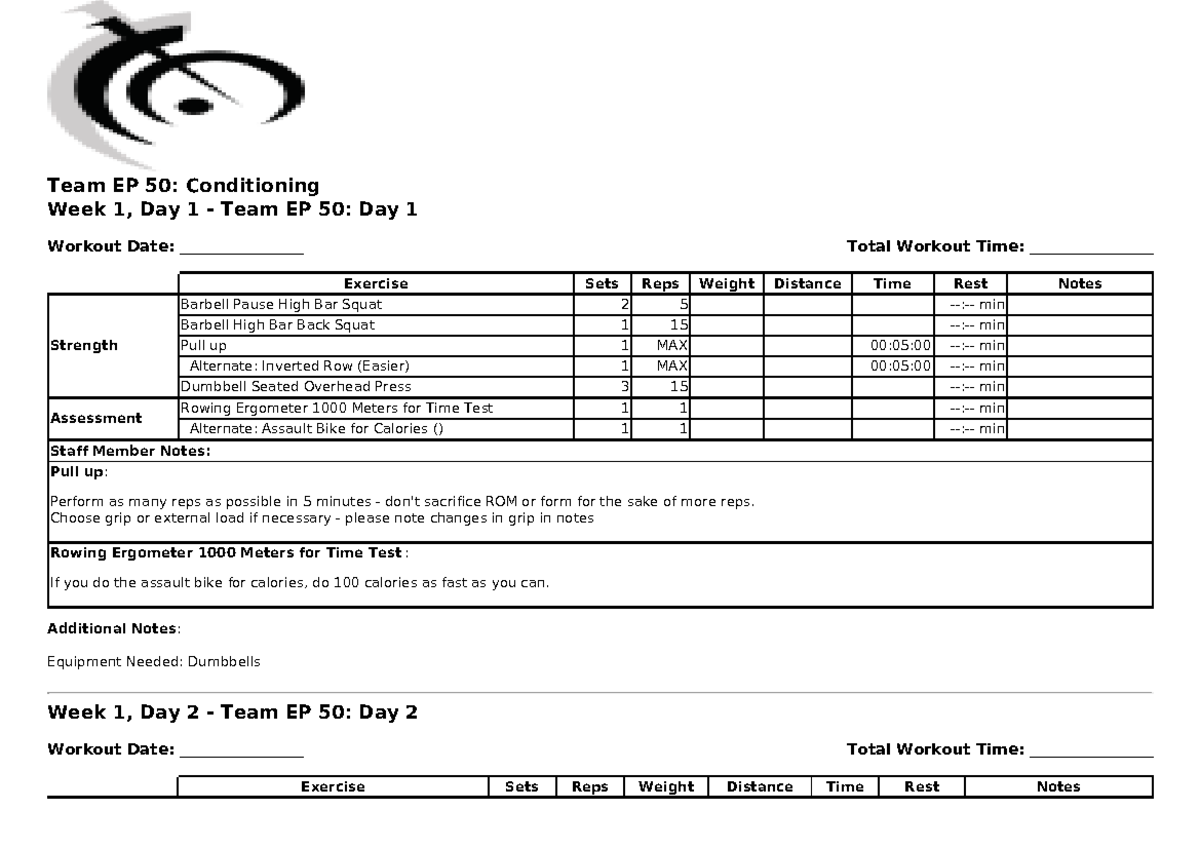 Conditioning Electrum Performance - Total Workout Time: ________________ Total Workout Time ...