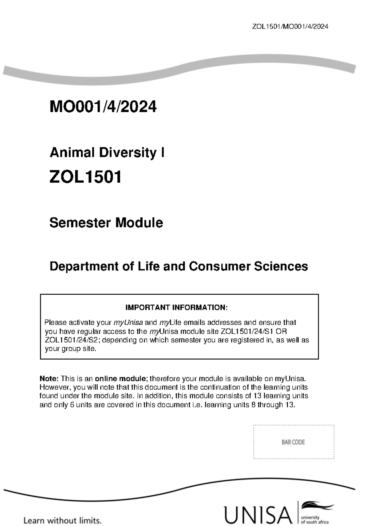 ZOL1501 MO-001 4 2024 - MO001/ 4 /202 4 Animal Diversity I ZOL Semester ...