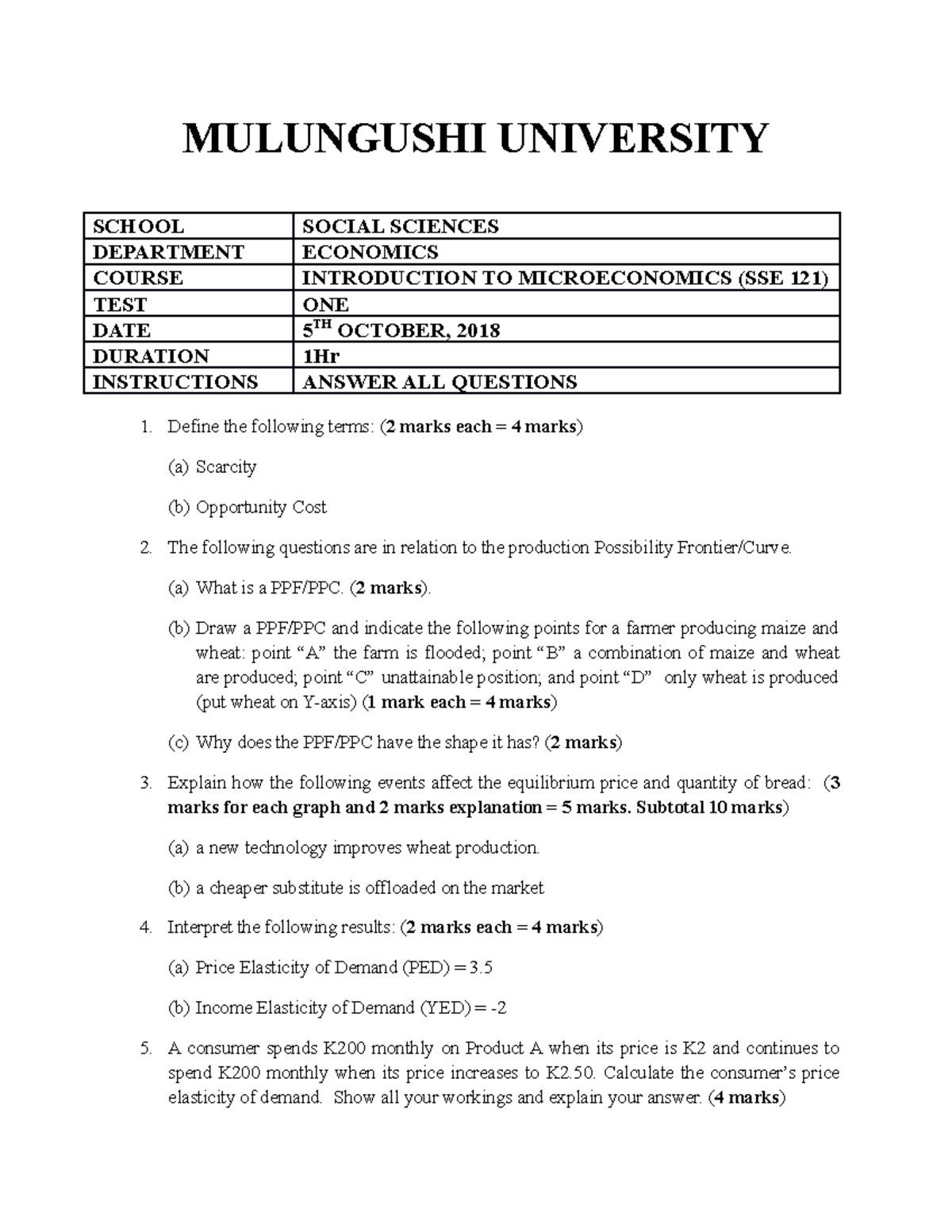 Micro past papers - questions - MULUNGUSHI UNIVERSITY SCHOOL SOCIAL SCIENCES DEPARTMENT ...