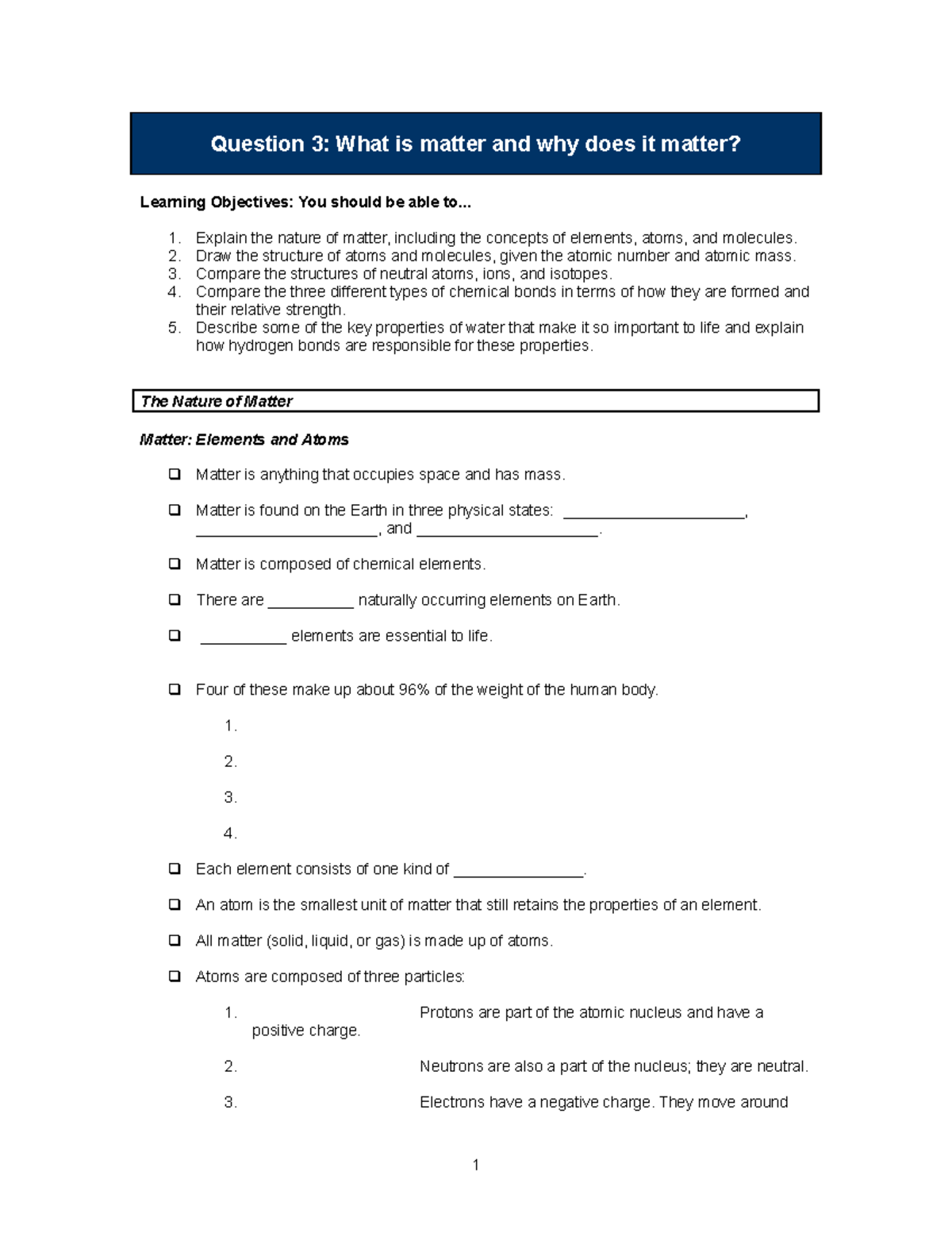 BIO 102 Notes-2 - Lecture notes 2 - Question 3: What is matter and why ...