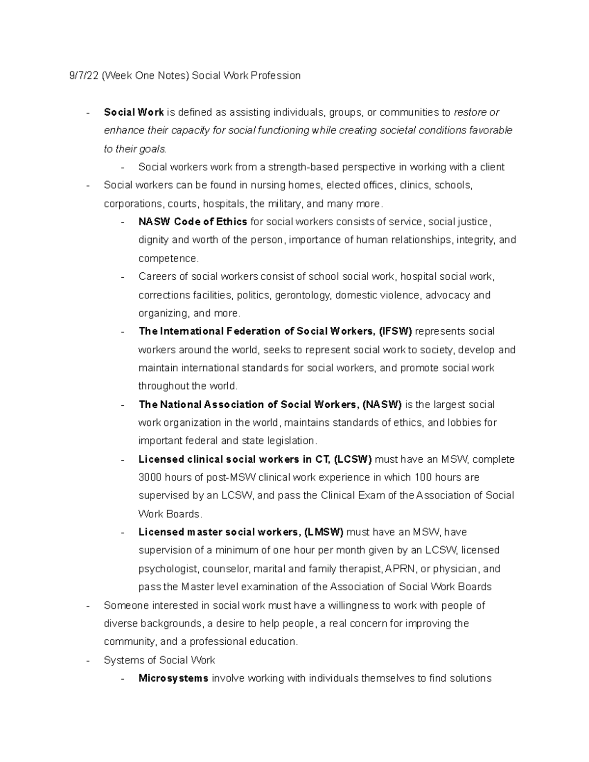 SW 100 Notes - 9/7/22 (Week One Notes) Social Work Profession Social ...