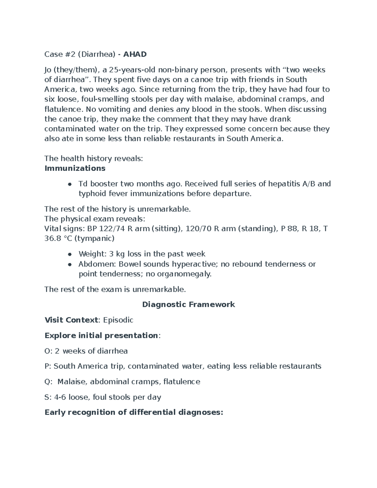 Case Study Diarrhea - Case #2 (Diarrhea) - AHAD Jo (they/them), a 25 ...