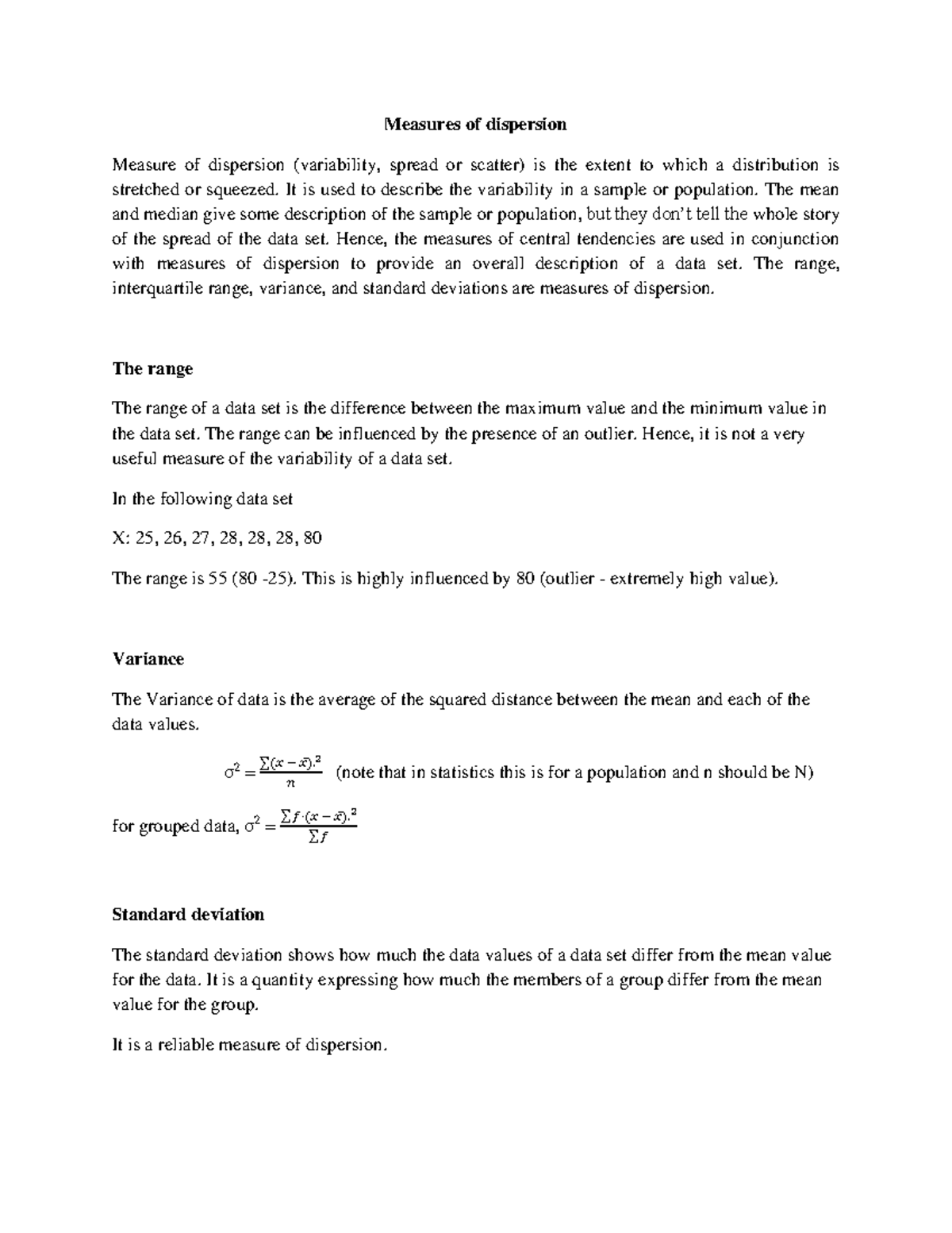Statistics - Measures of dispersion - Measures of dispersion Measure of ...
