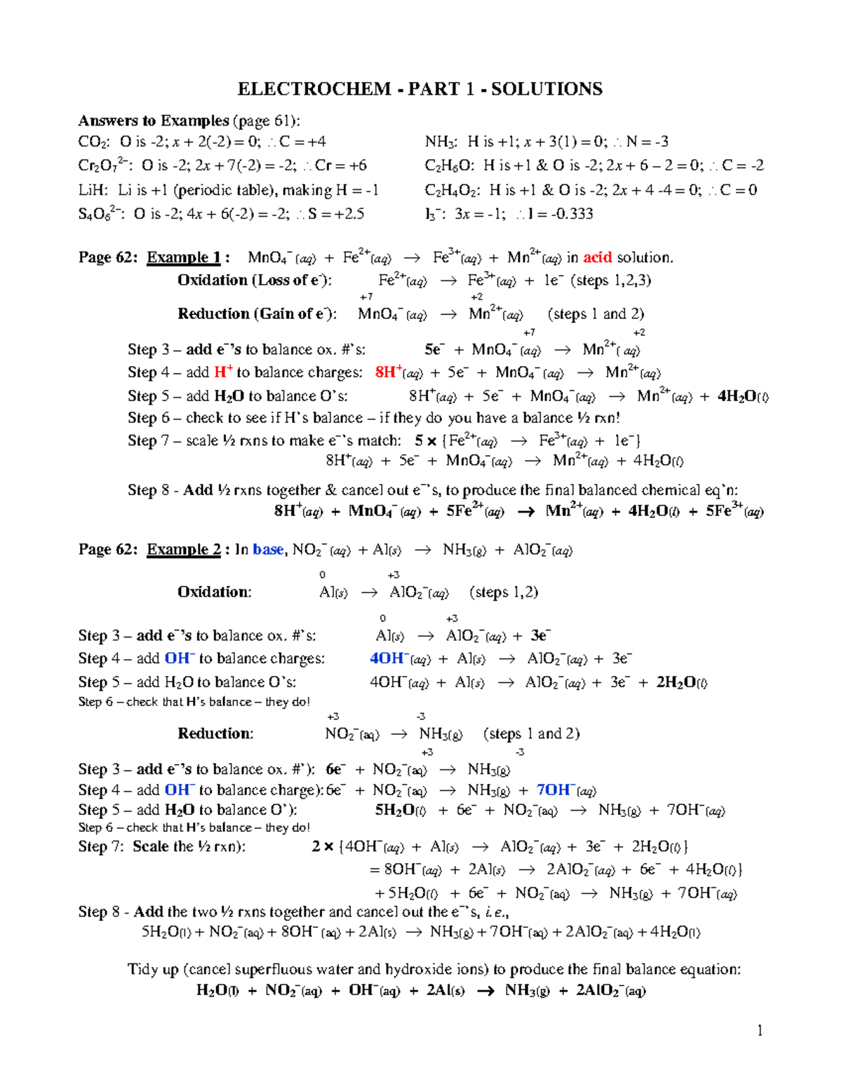 2. Electrochem Part1 solutions - ELECTROCHEM - PART 1 - SOLUTIONS Answers to Examples (page 61 ...