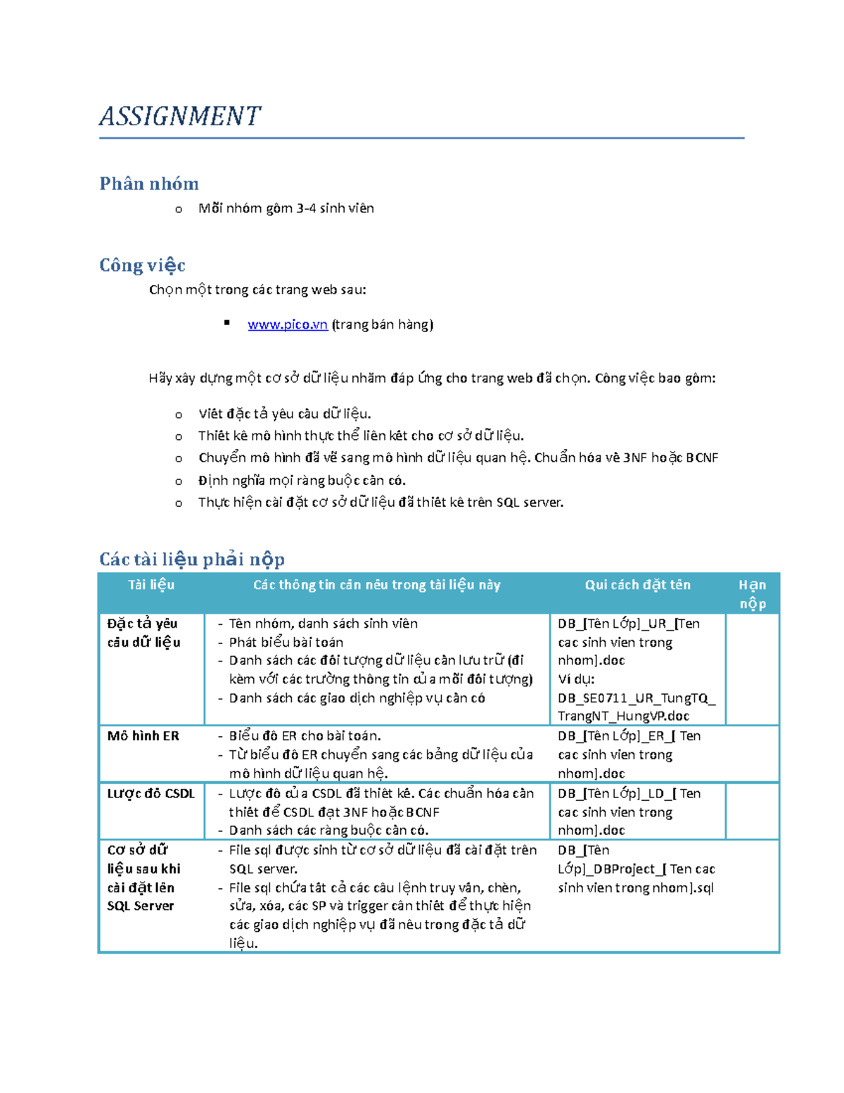 Assignment - ASSIGNMENT Phân nhóm o Mỗi nh漃Ām gồm 3-4 sinh viên Công vi ệc Ch on m ôt trong cac ...