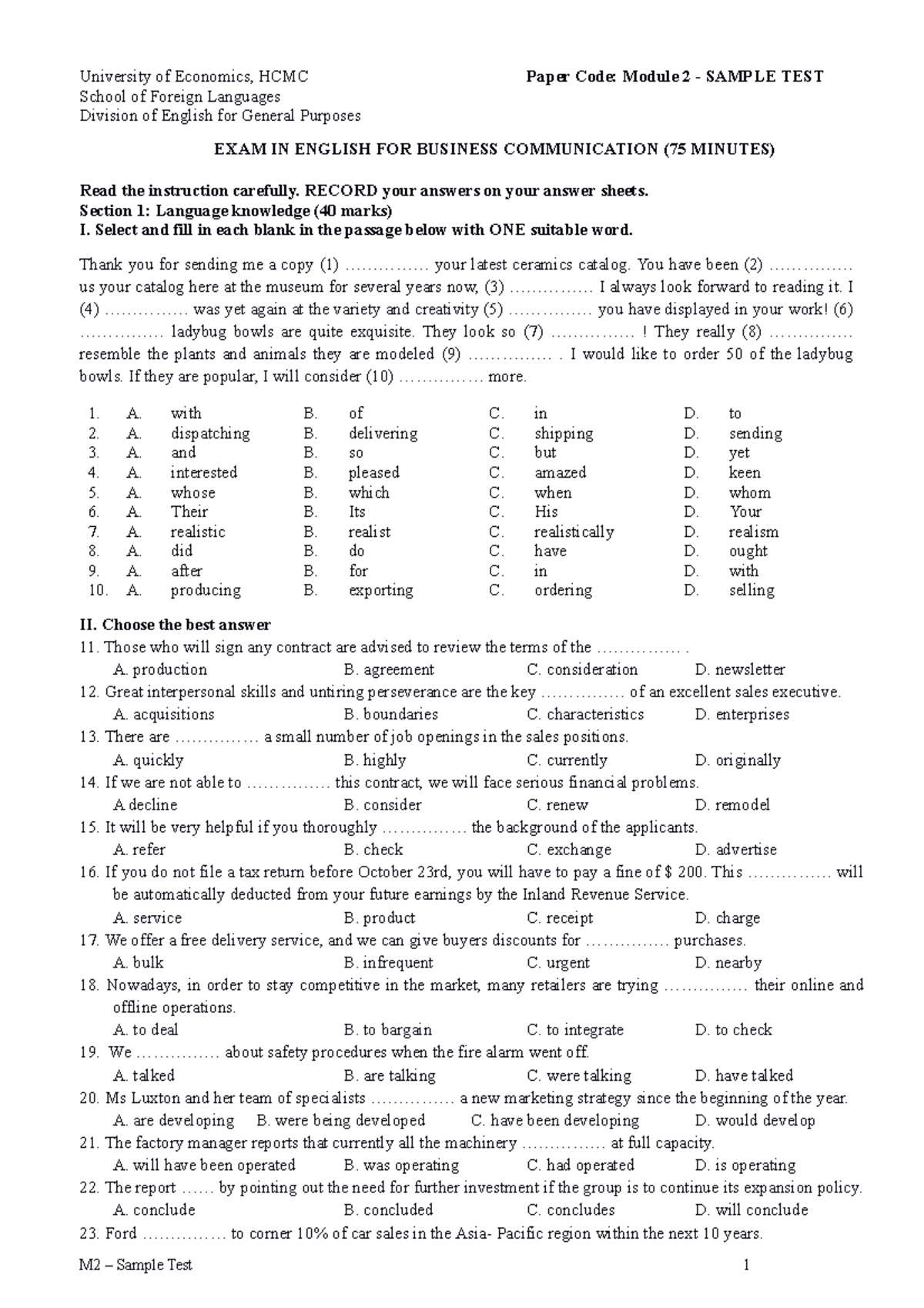 Sample Test.M2 - bài tập - University of Economics, HCMC Paper Code ...