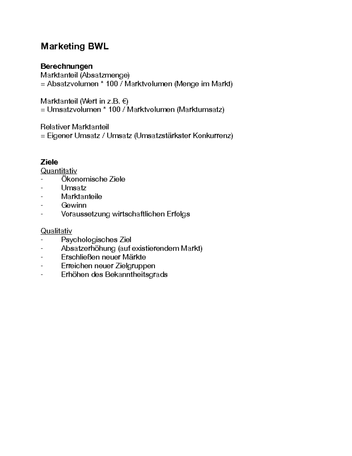 Marketing BWL - Marketing BWL Berechnungen Marktanteil (Absatzmenge ...