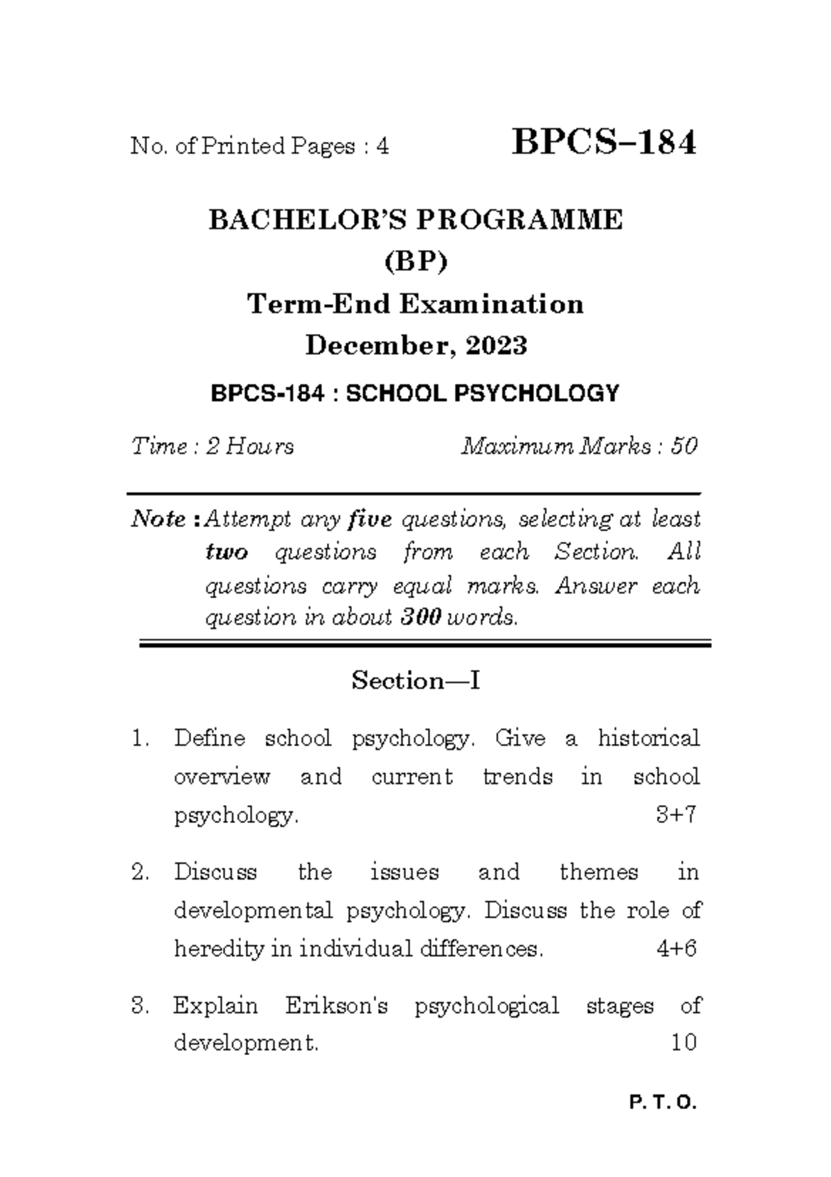 BPCS-184 - December 2023 question paper - P. T. O. No. of Printed Pages : 4 BPCS– 184 BACHELOR’S ...