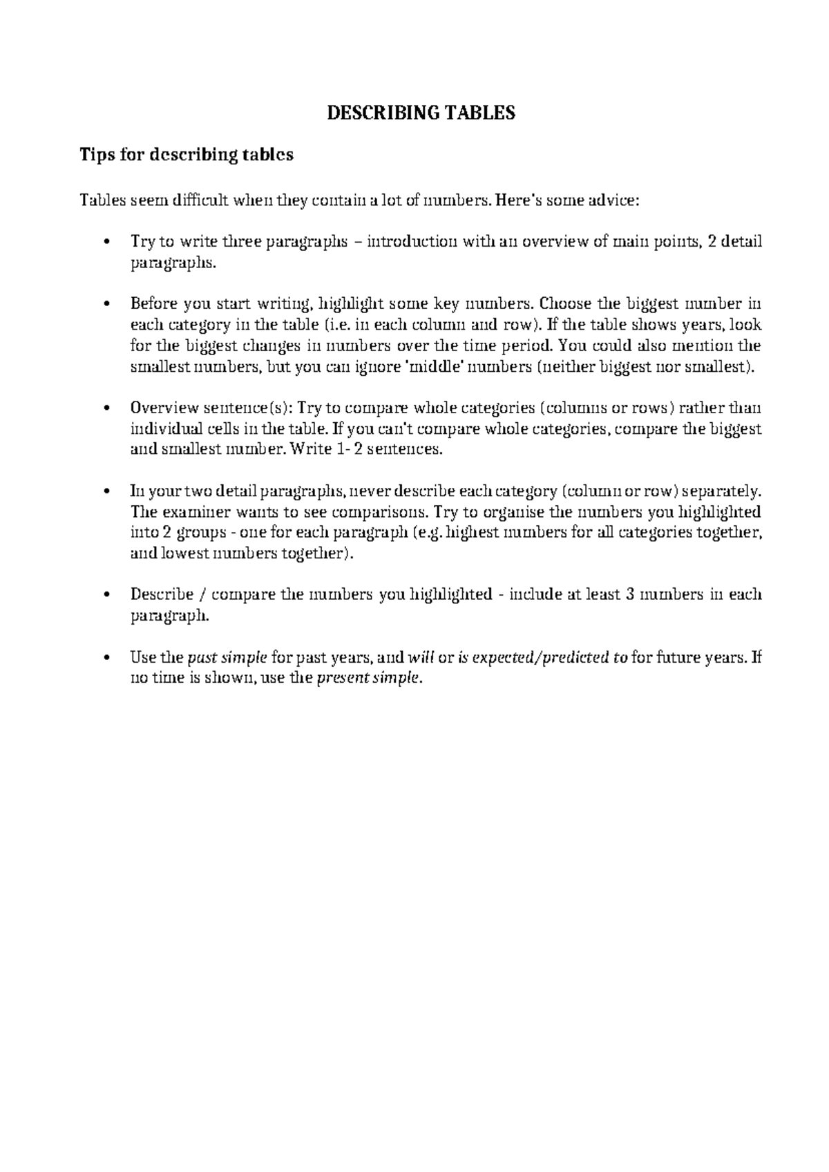 Hướng dẫn viết Table - Writing - DESCRIBING TABLES Tips for describing ...