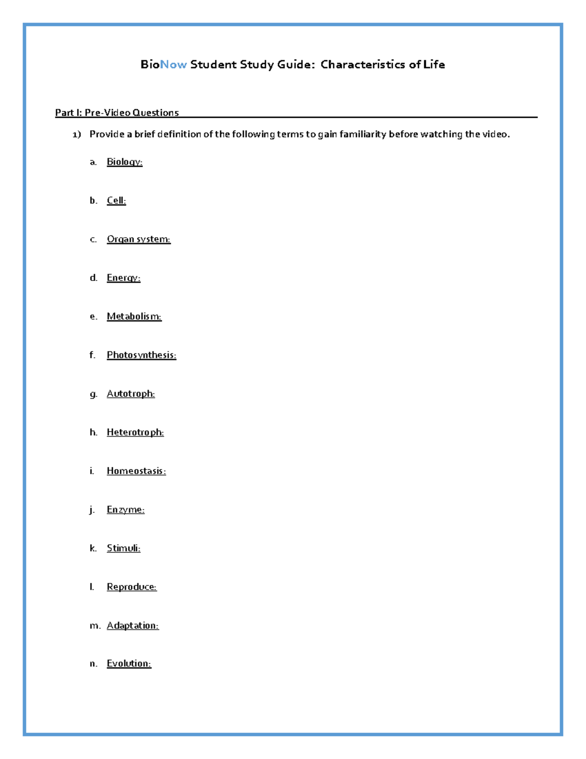 - Bio Now Characteristics of Life Student Ch. 1 - BioNow Student Study ...