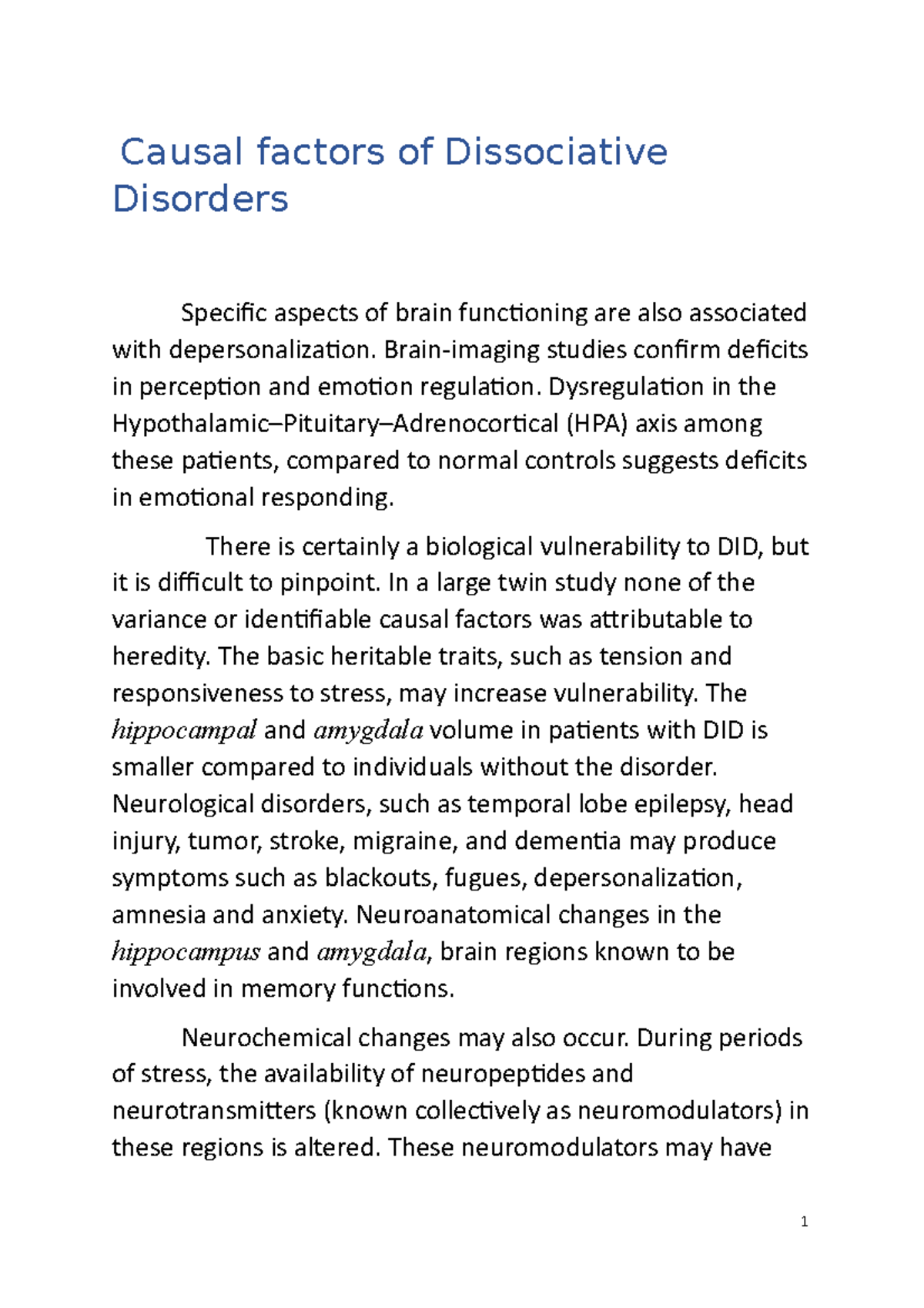 Causal factors of dissociative disorder, biological and psychological ...