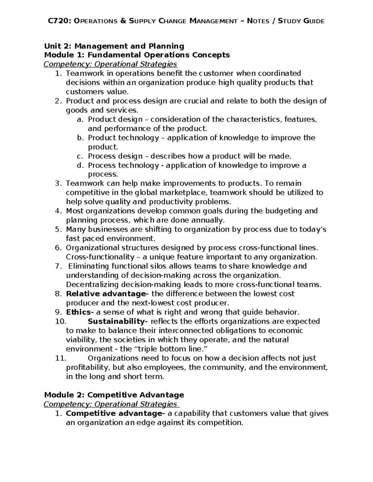 C720 Notes+Study Guide - C720: OPERATIONS & SUPPLY CHANGE MANAGEMENT ...