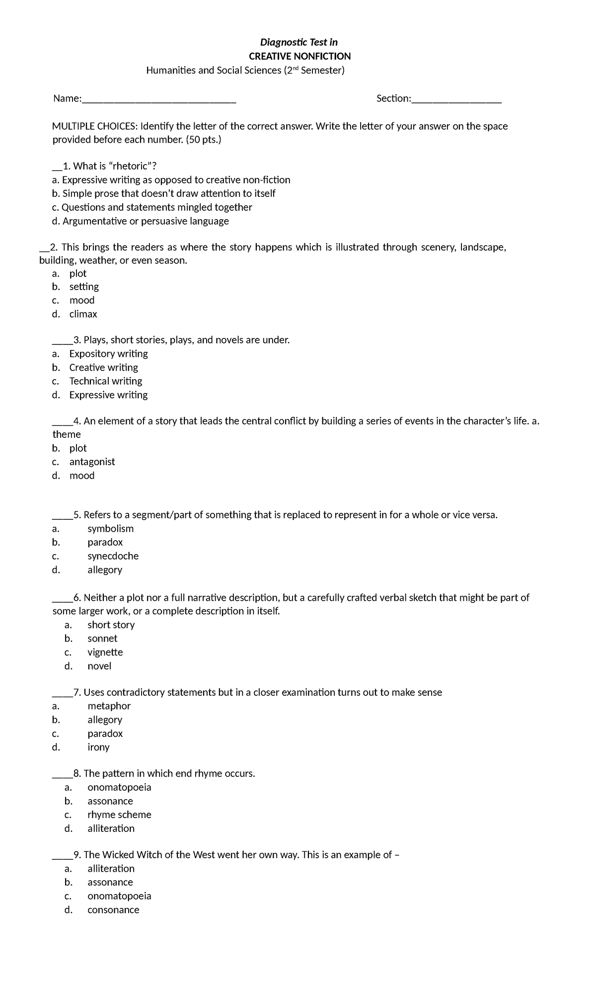 Diagnostic TEST IN Creative Nonfiction 2 - Diagnostic Test in CREATIVE ...