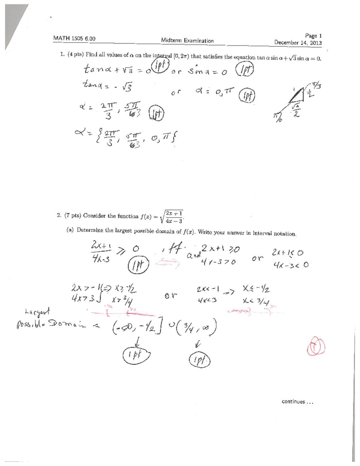 Exam 14 December 2013, Questions and answers - Sc/Math 1505 - Studocu
