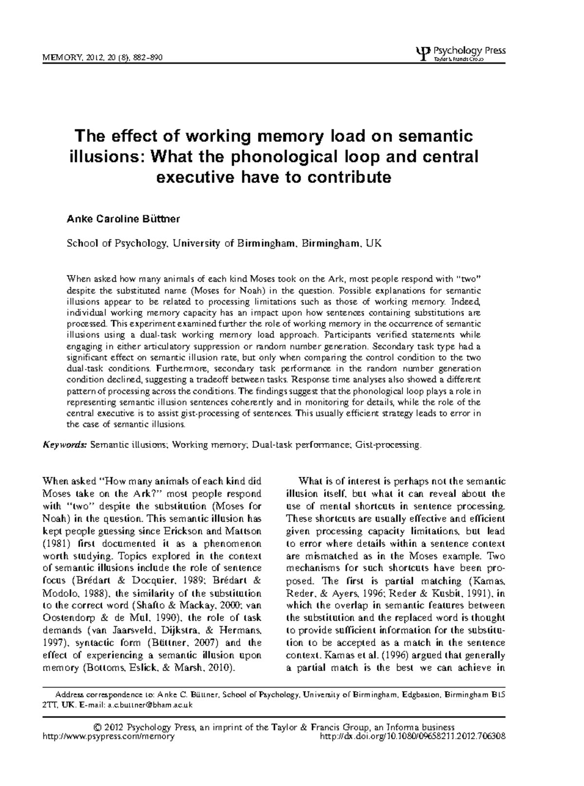 Retrieve - artikel prenatale ontw. - The effect of working memory load on semantic illusions ...