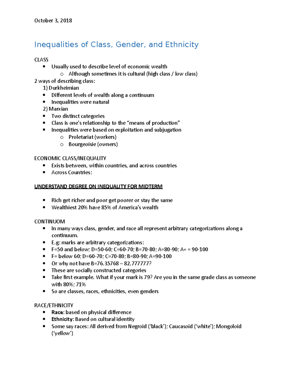 Lecture 4 (Oct. 3, 2018 ) - October 3, 2018 Inequalities of Class ...