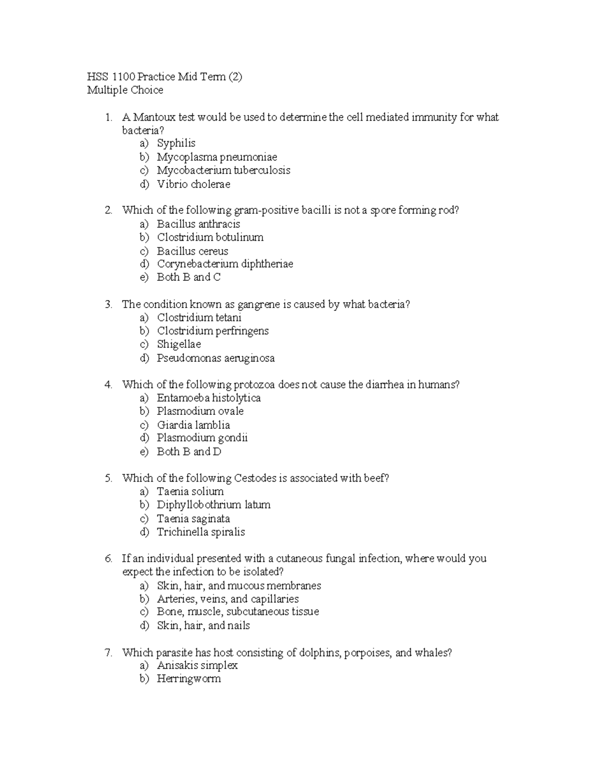 HSS Practice Midterm 2 - HSS 1100 Practice Mid Term (2) Multiple Choice ...
