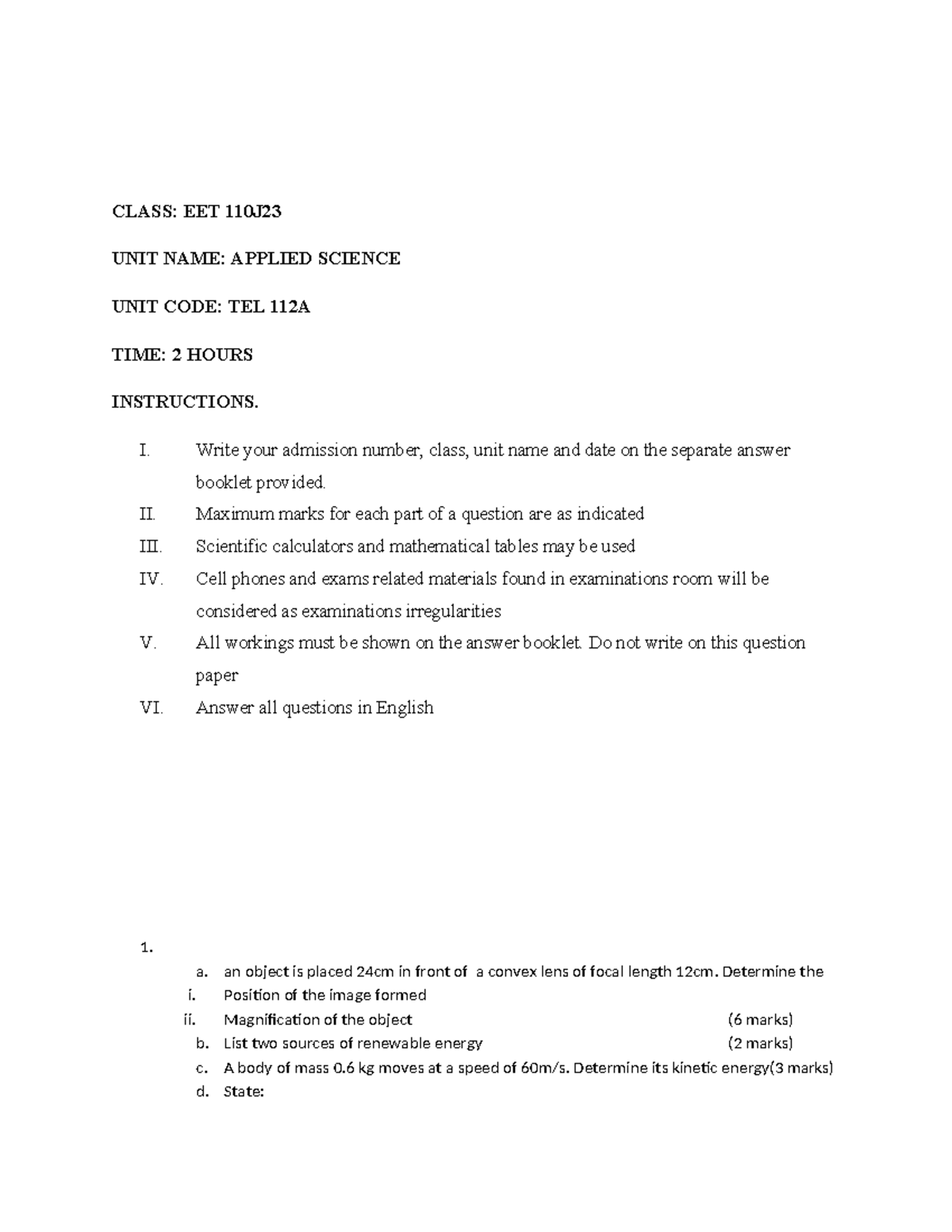 Applied Science - CLASS: EET 110J UNIT NAME: APPLIED SCIENCE UNIT CODE ...
