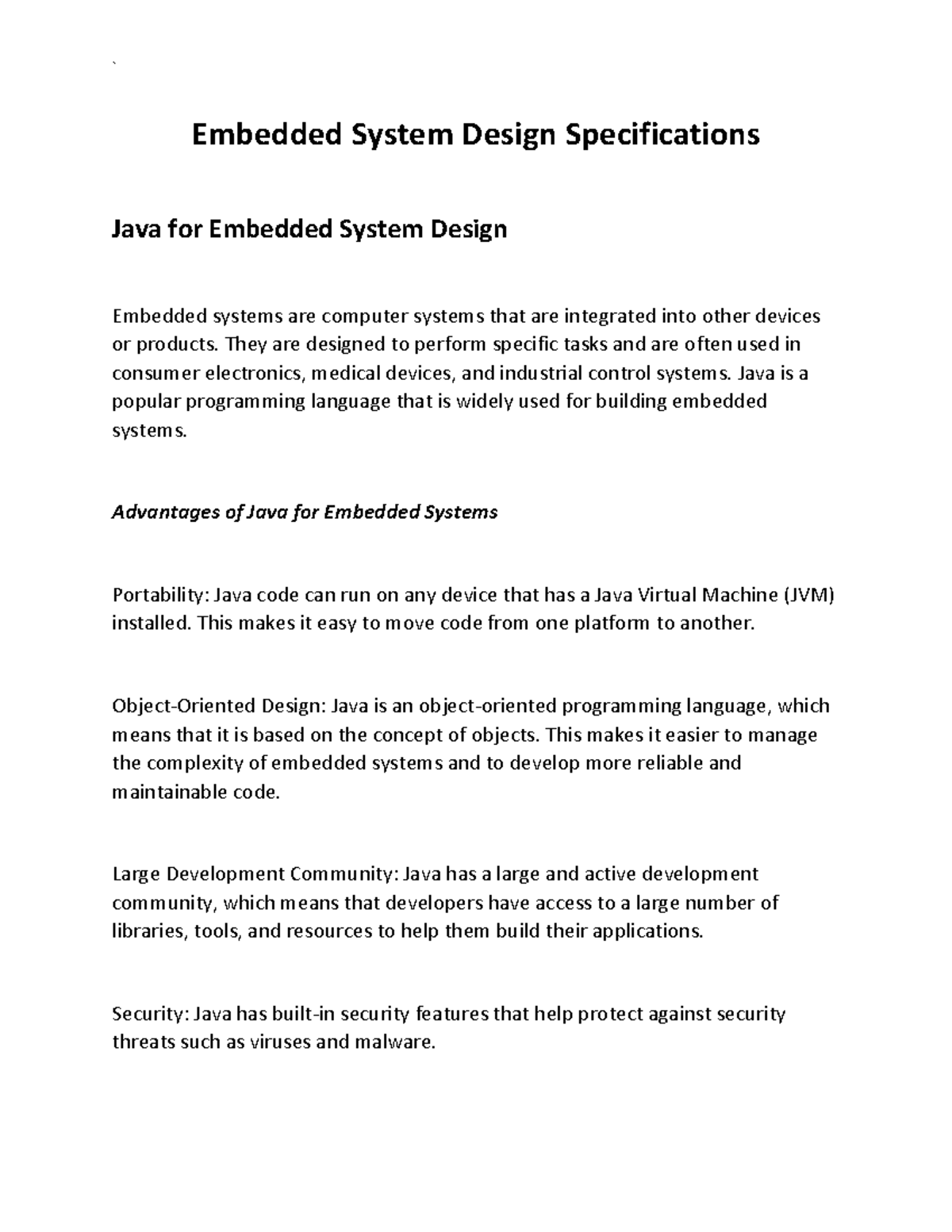Specifications 4 - Embedded Systems - Embedded System Design Specifications Java for Embedded ...