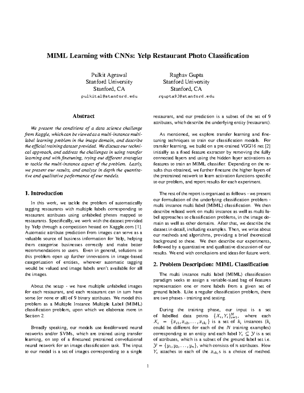 Miml learning with cnns: yelp restaurant photo classification - MIML Learning with CNNs: Yelp ...