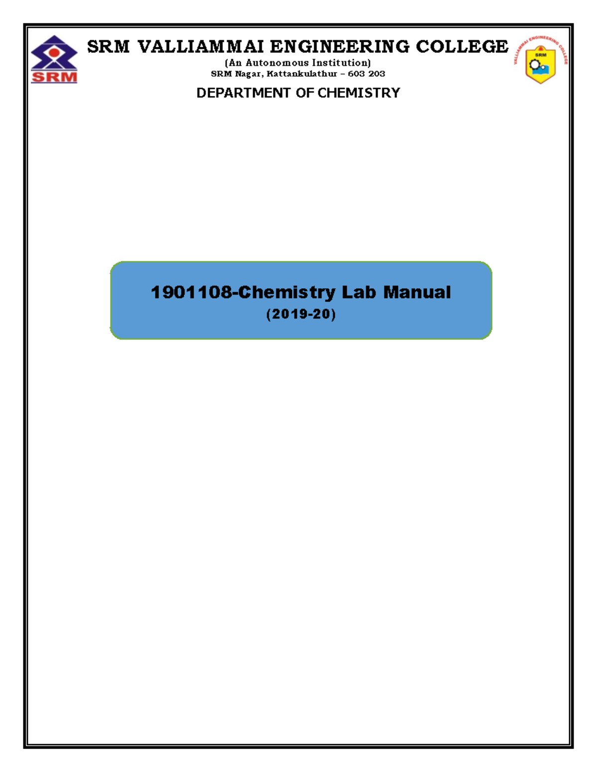 1901108 Chemistry Lab Manual Srm Valliammai Engineering College An Autonomous Institution